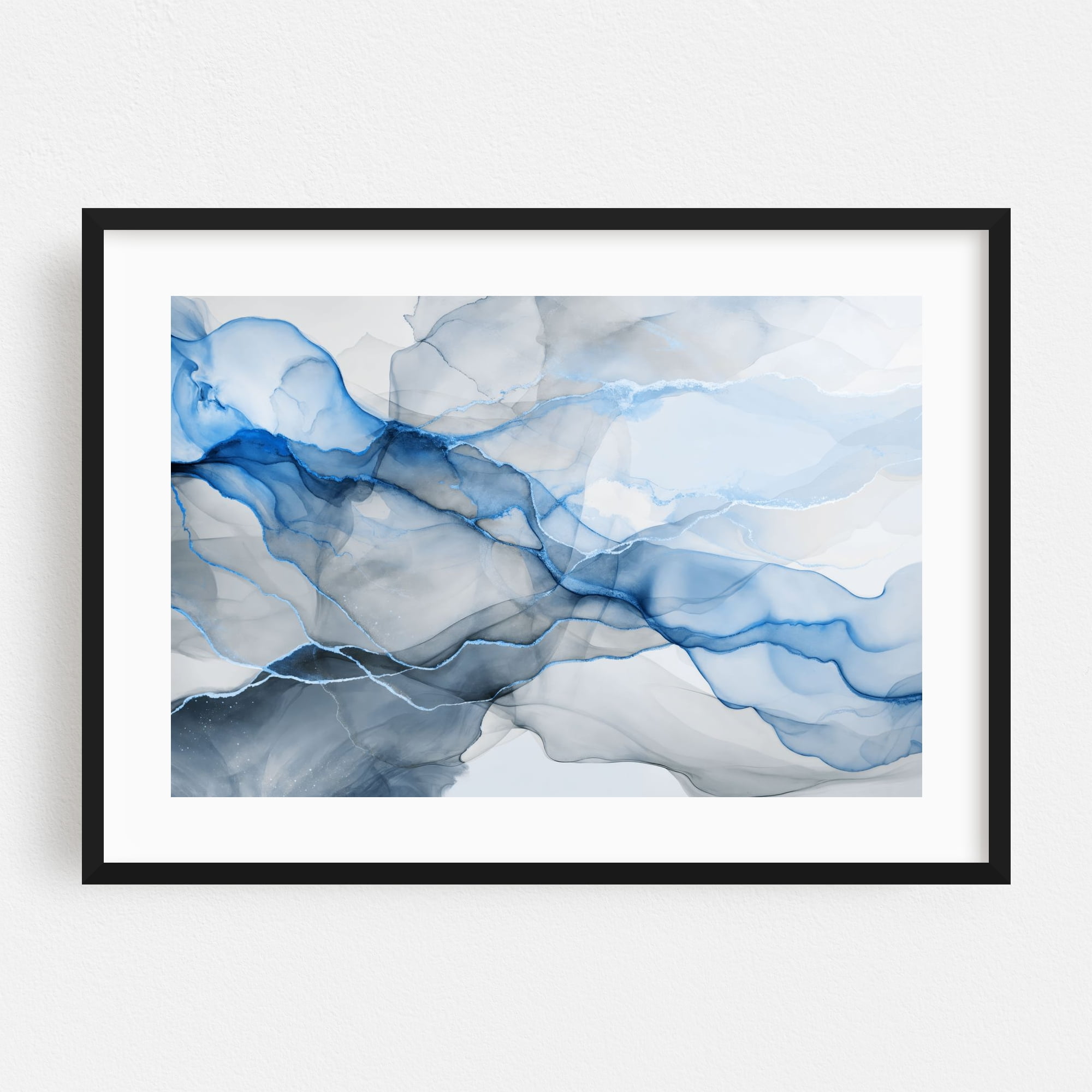 Inky Transparency Abstract Blue Flow - Painting Black Framed Wall Art ...
