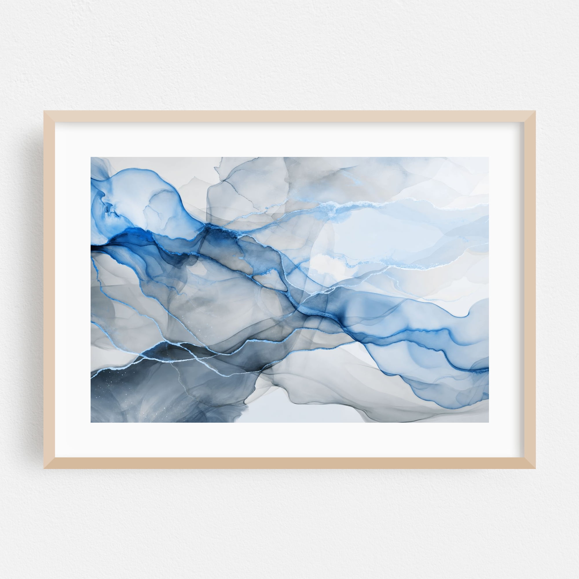 Inky Transparency Abstract Blue Flow - Painting Oak Framed Wall Art ...