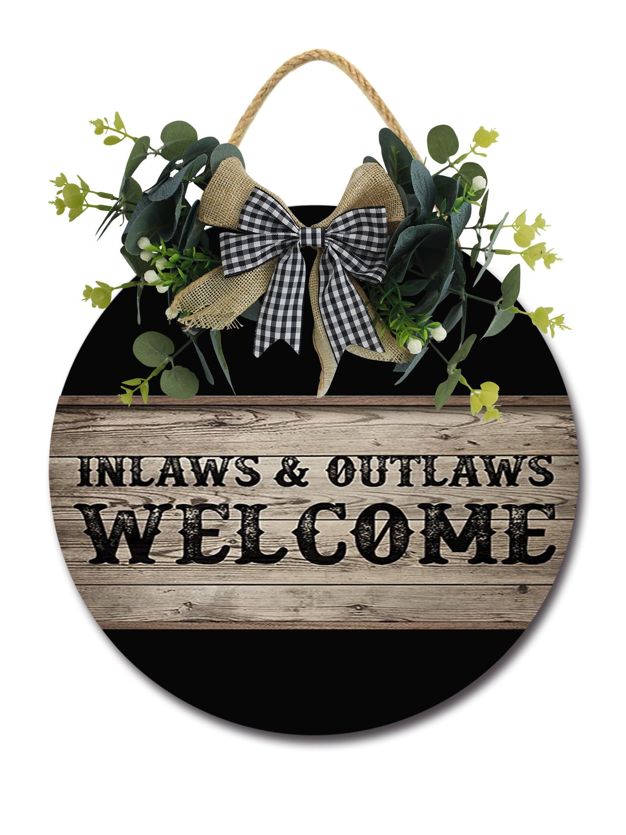 Inlaws & Outlaws Welcom Door Sign Home Decor Round Wood Wreaths Wall ...