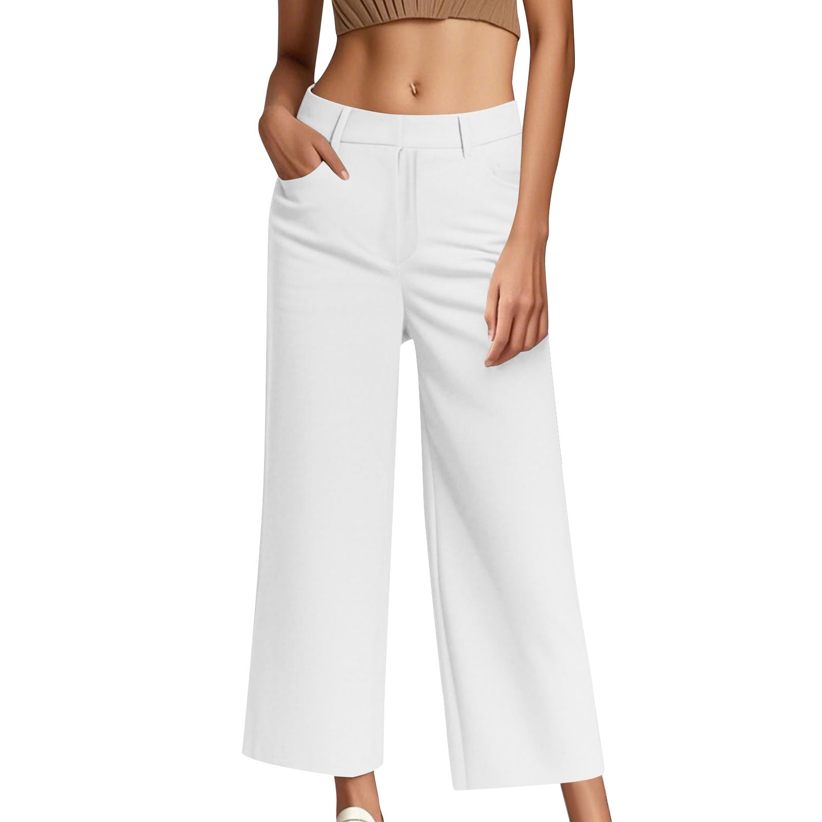 Inleife Ladies' White Color Casual Suit Trousers Loose Cropped Pants ...