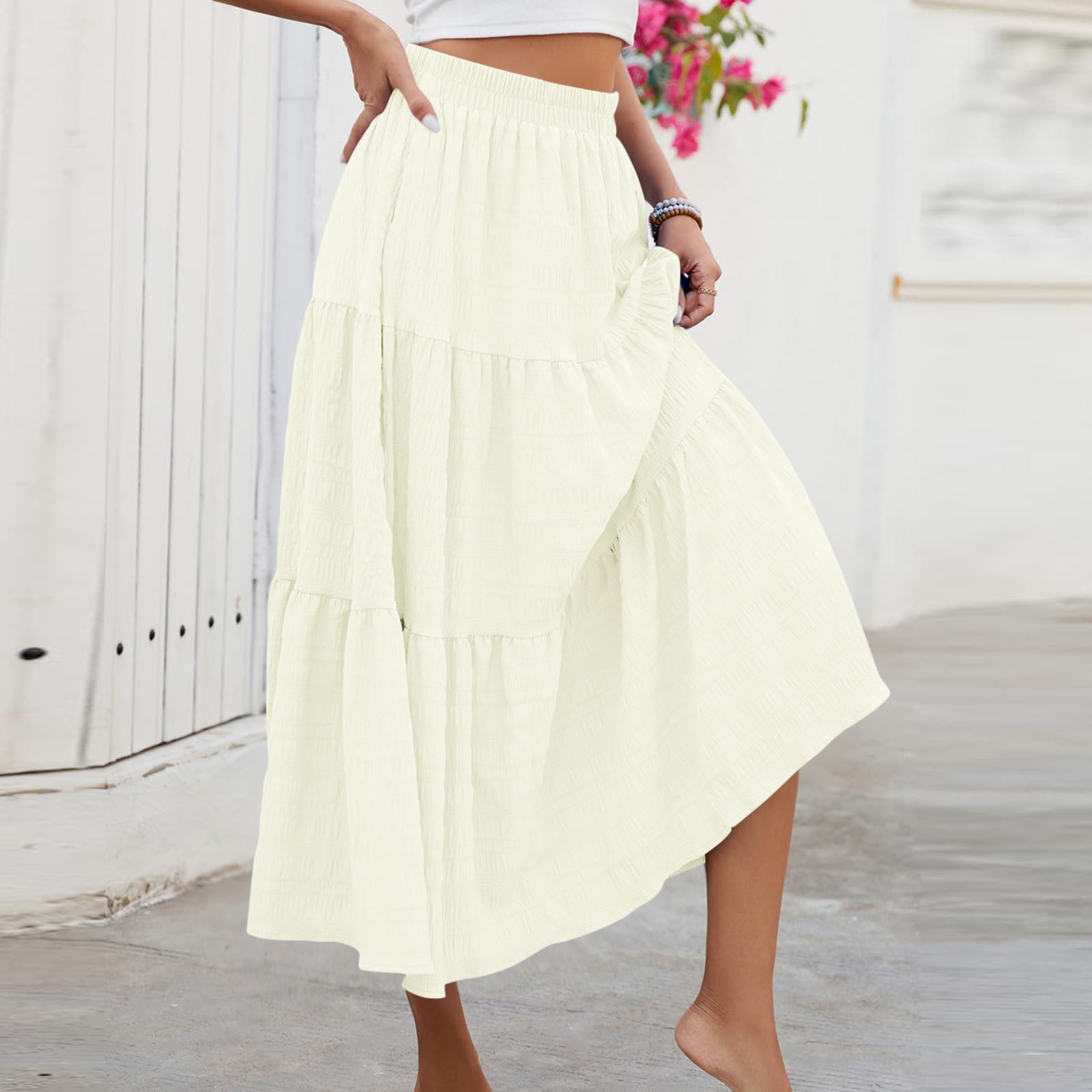 Inleife Women Summer Solid Color Casual Long Skirt with High Waist And ...