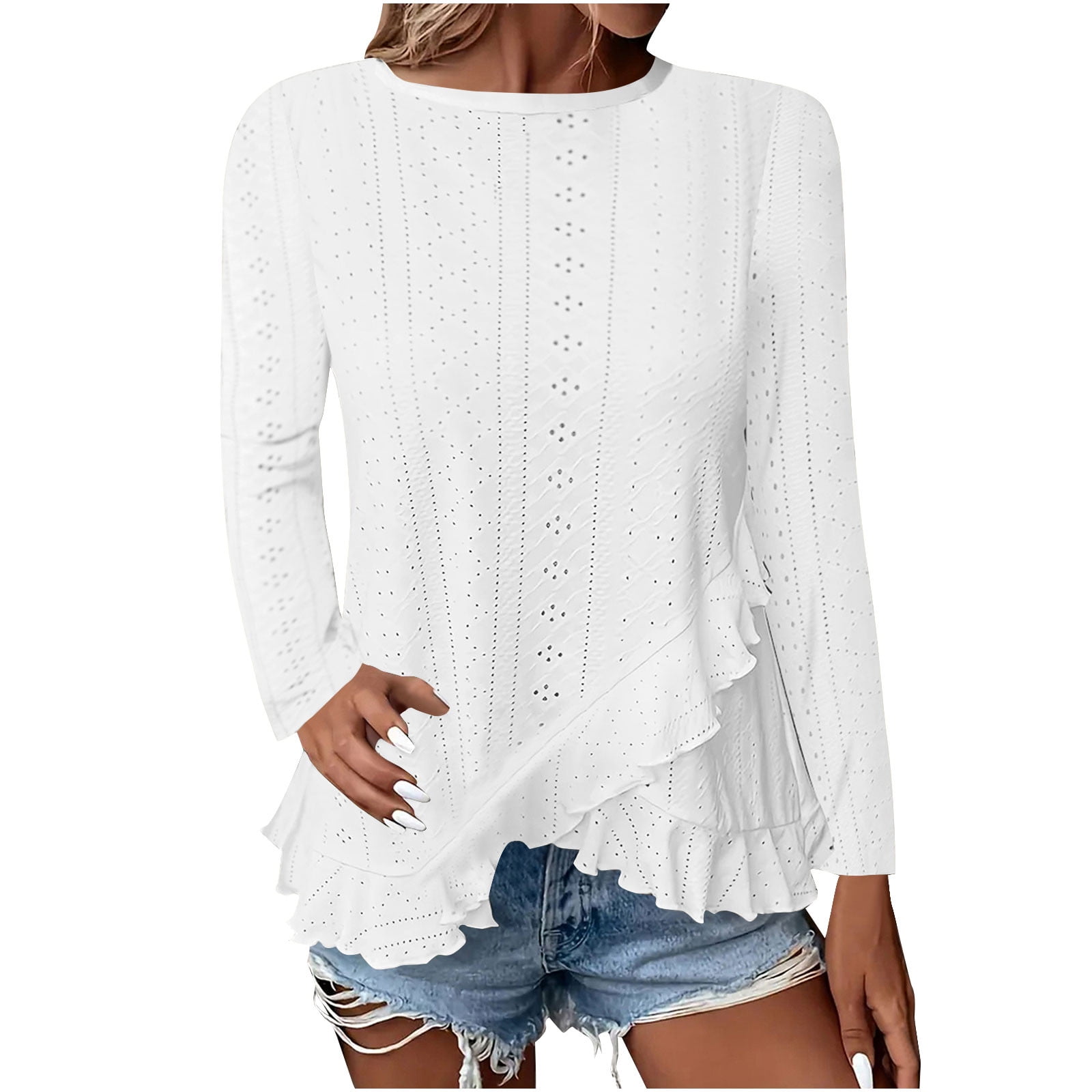 Inleife Women's New Solid Color Crew Neck Long Sleeved T-Shirt with ...