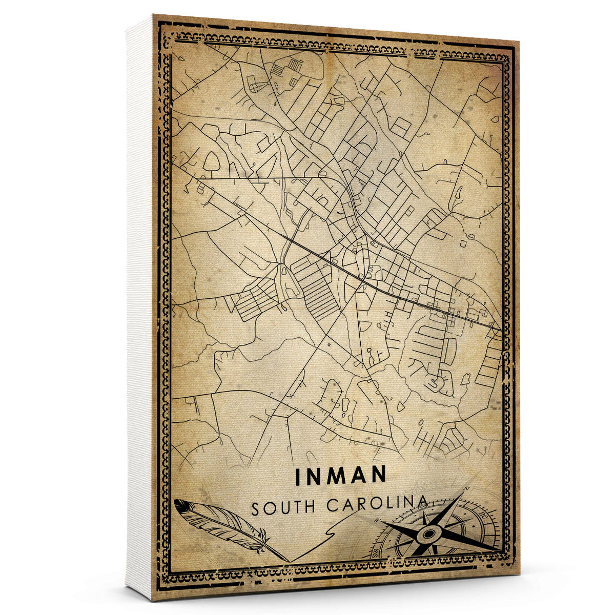 Inman Vintage Map Prints Canvas, Carolina Map Art Canvas, Canvas, Inman ...