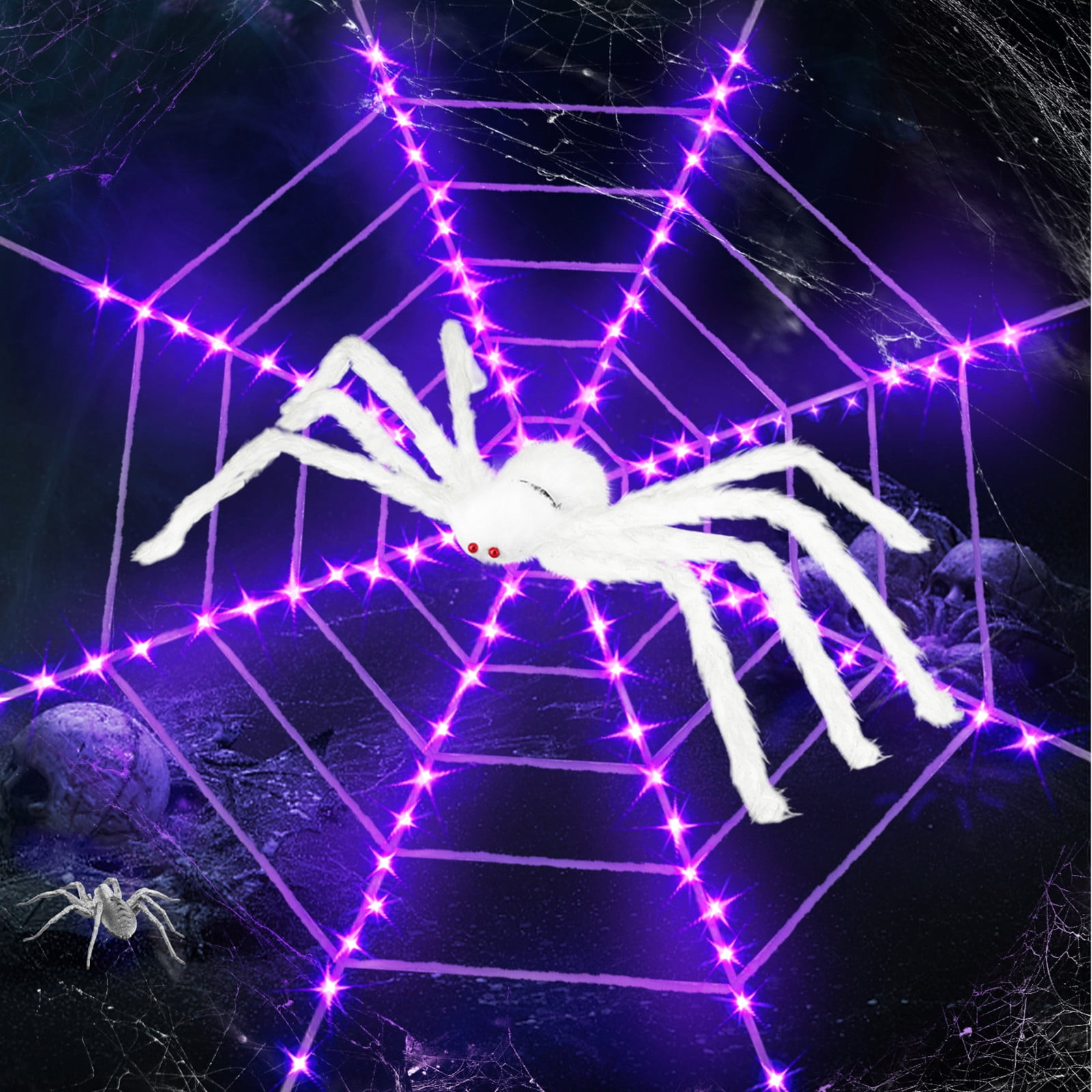 Innens 11.8ft Halloween 144 LED Purple Spider Web Lights with 35" Giant ...