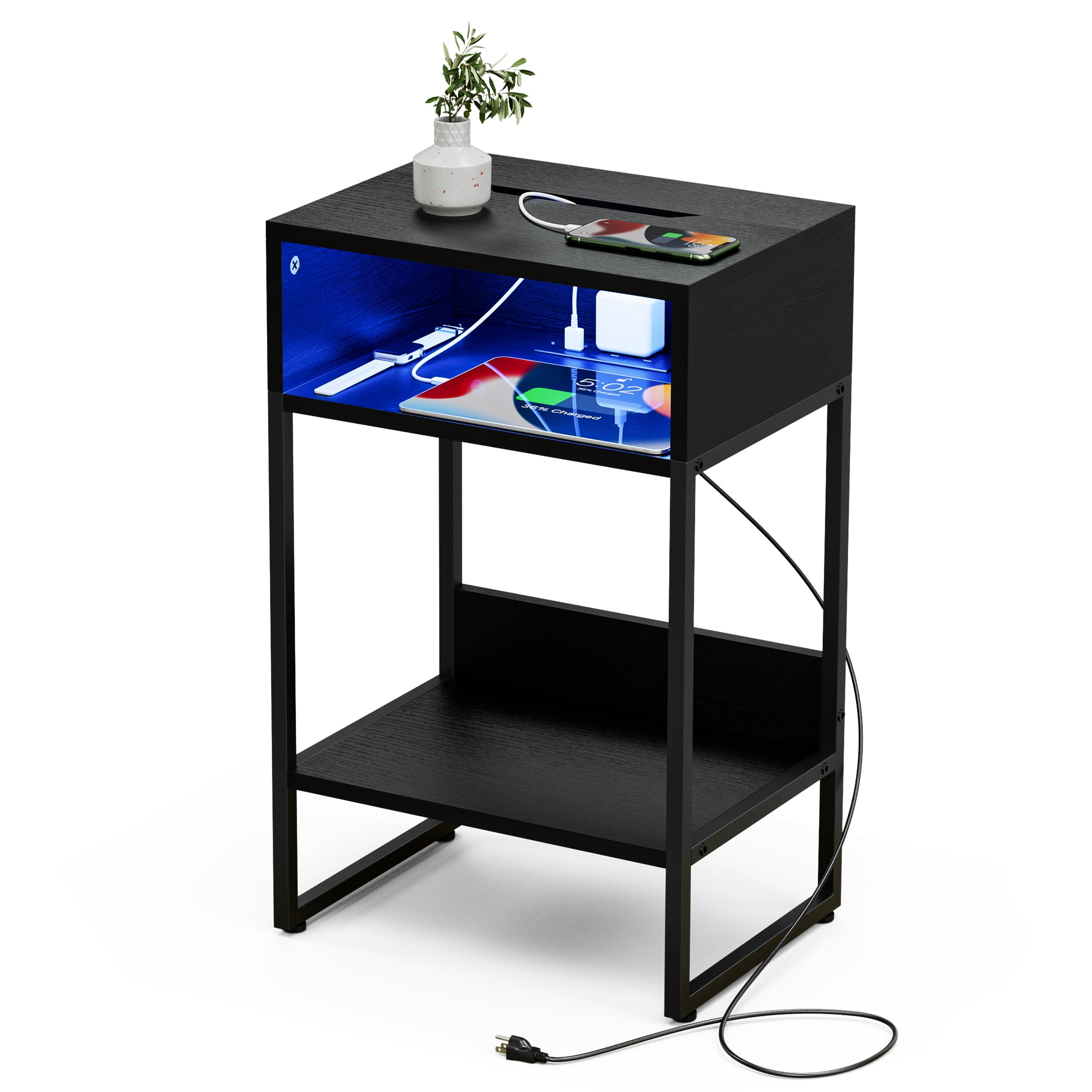 Innerjoin Bedside Table with Power Outlets, USB A&C Charger Plugs, LED ...