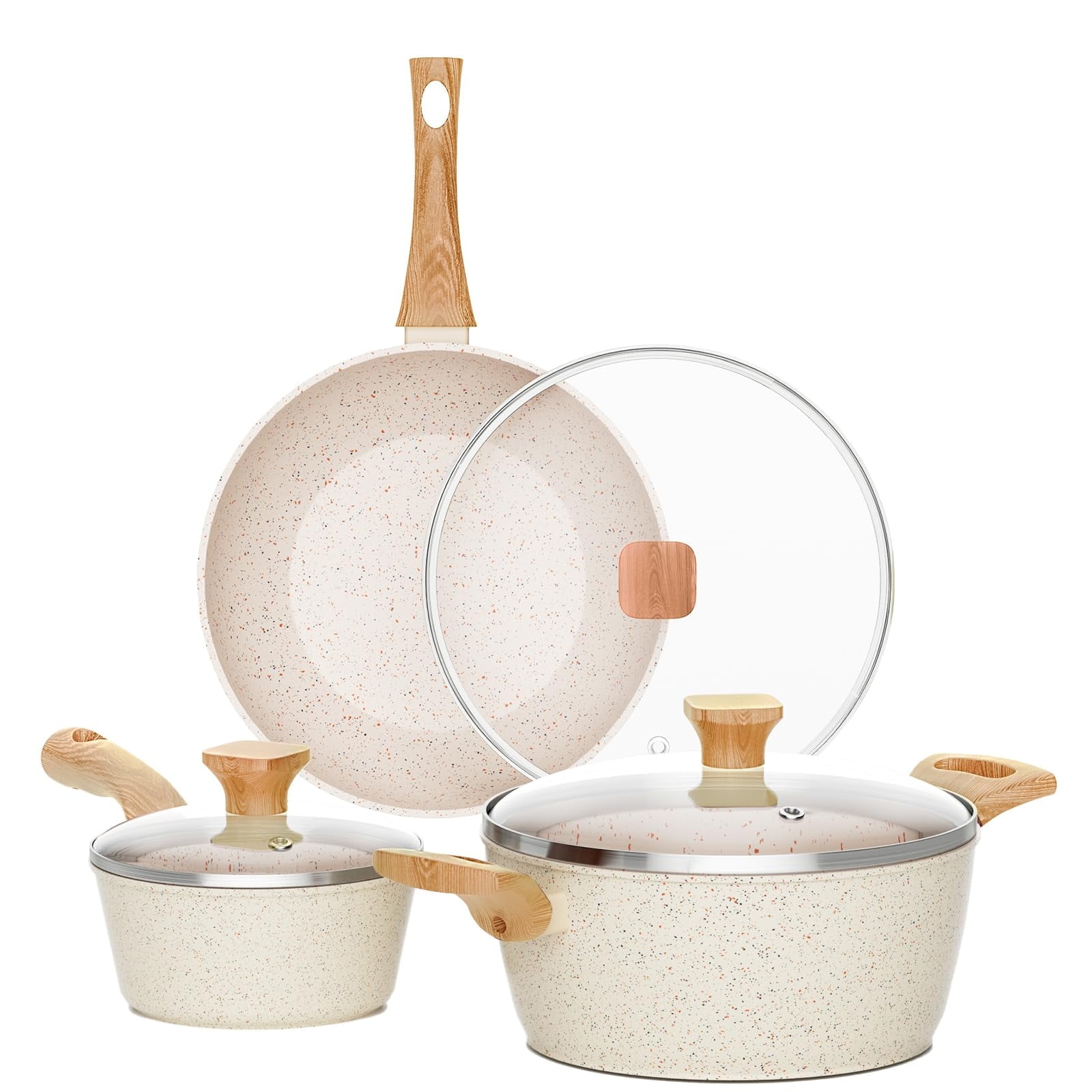 Innerwell 6 Pcs Nonstick Frying Pan Set White with Lids Granite ...