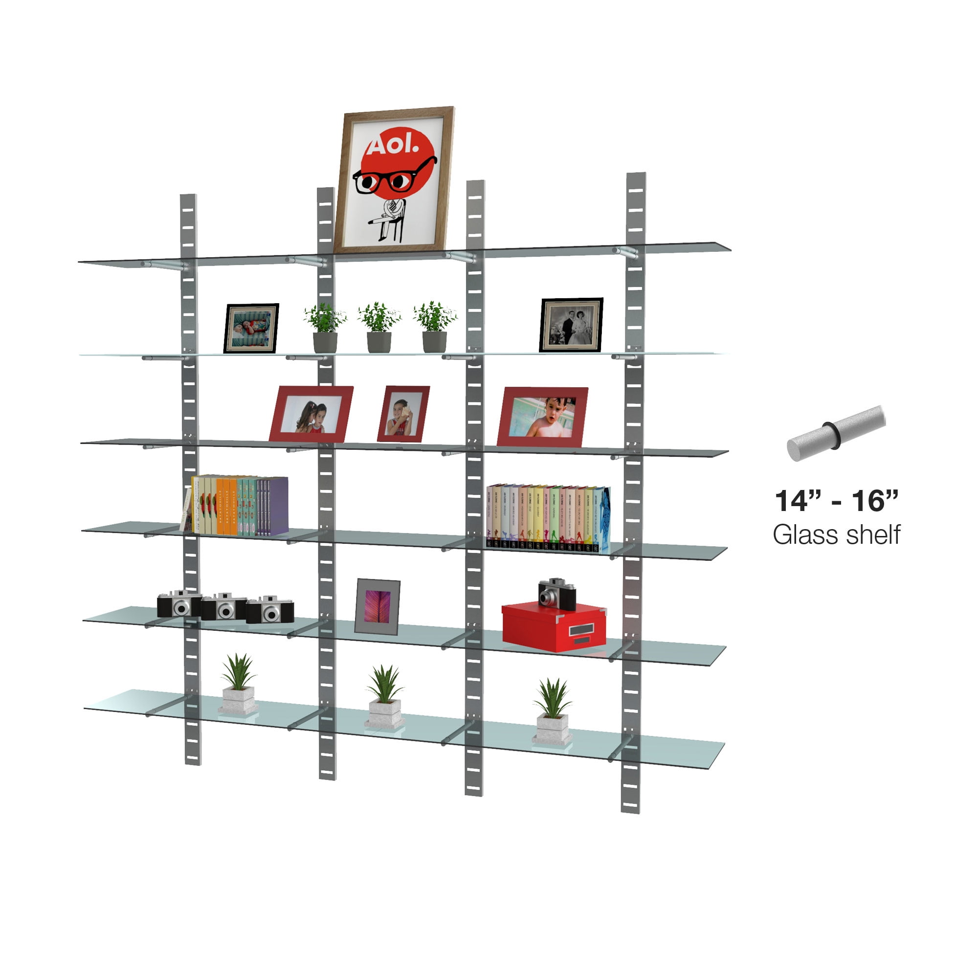 Inno-Strip Living Room Shelving System 91" High with 12 Glass Shelves ...