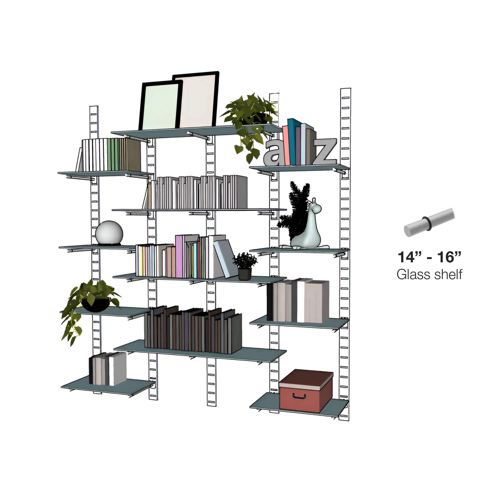 Inno-Strip Living Room Shelving System 91" High with 12 Mixed Glass ...