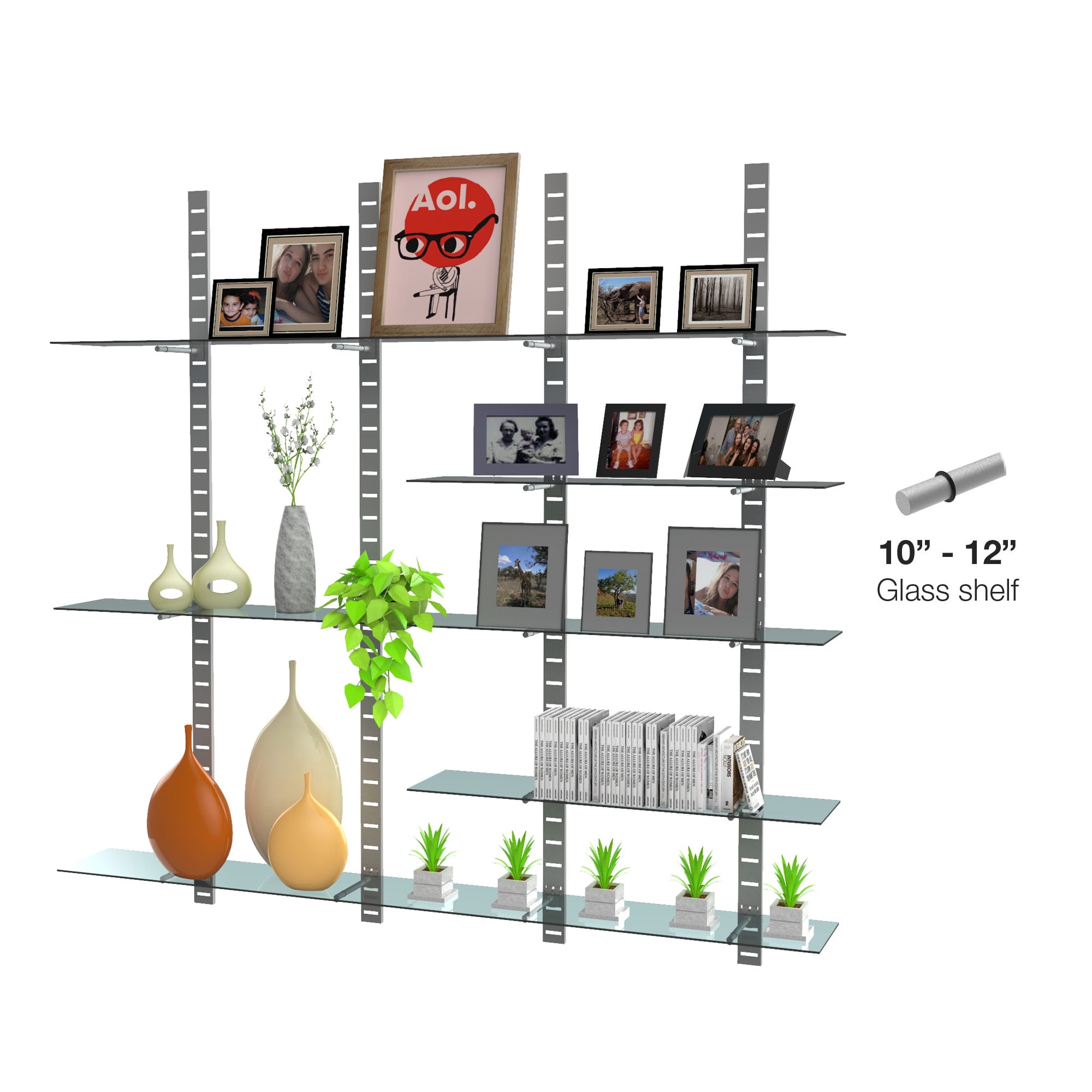 Inno-Strip Living Room Shelving System 91" High with 8 Glass Shelves 48 ...