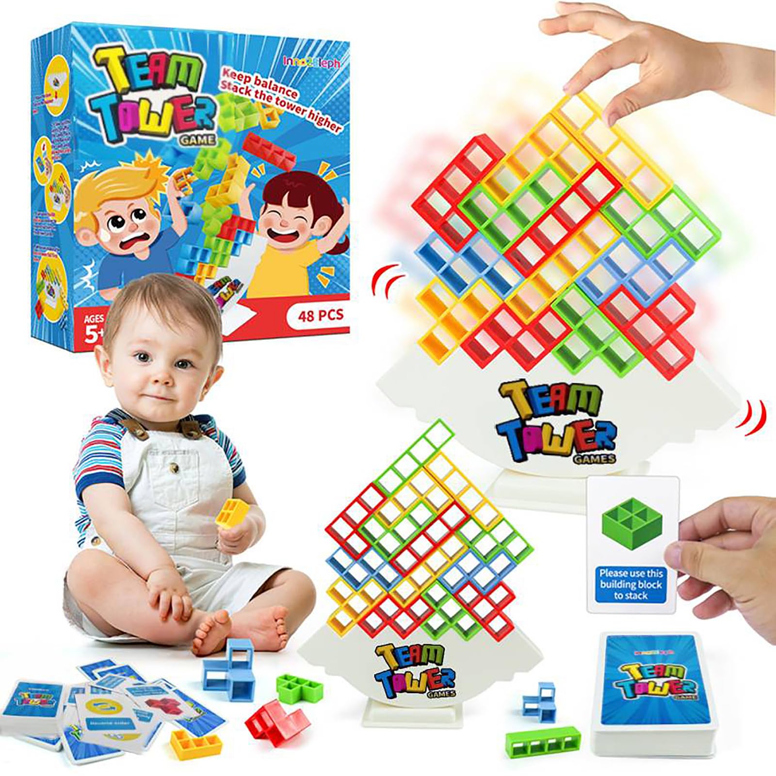 Inno2Eleph 48 Pcs Tower STF9 Balance Stacking Game for Kids and Adults, Balanced Board Games for ...