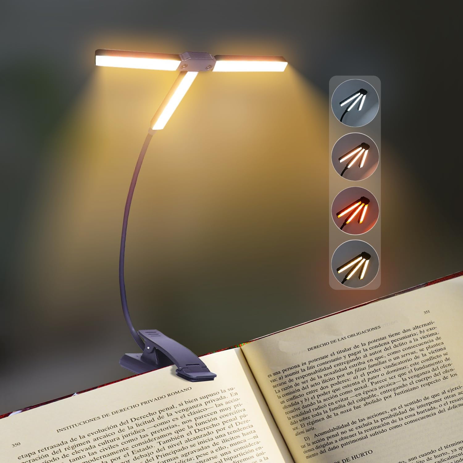 Innovative Tri-Head Book Light Rechargeable for Reading in Bed, 4Colors ...
