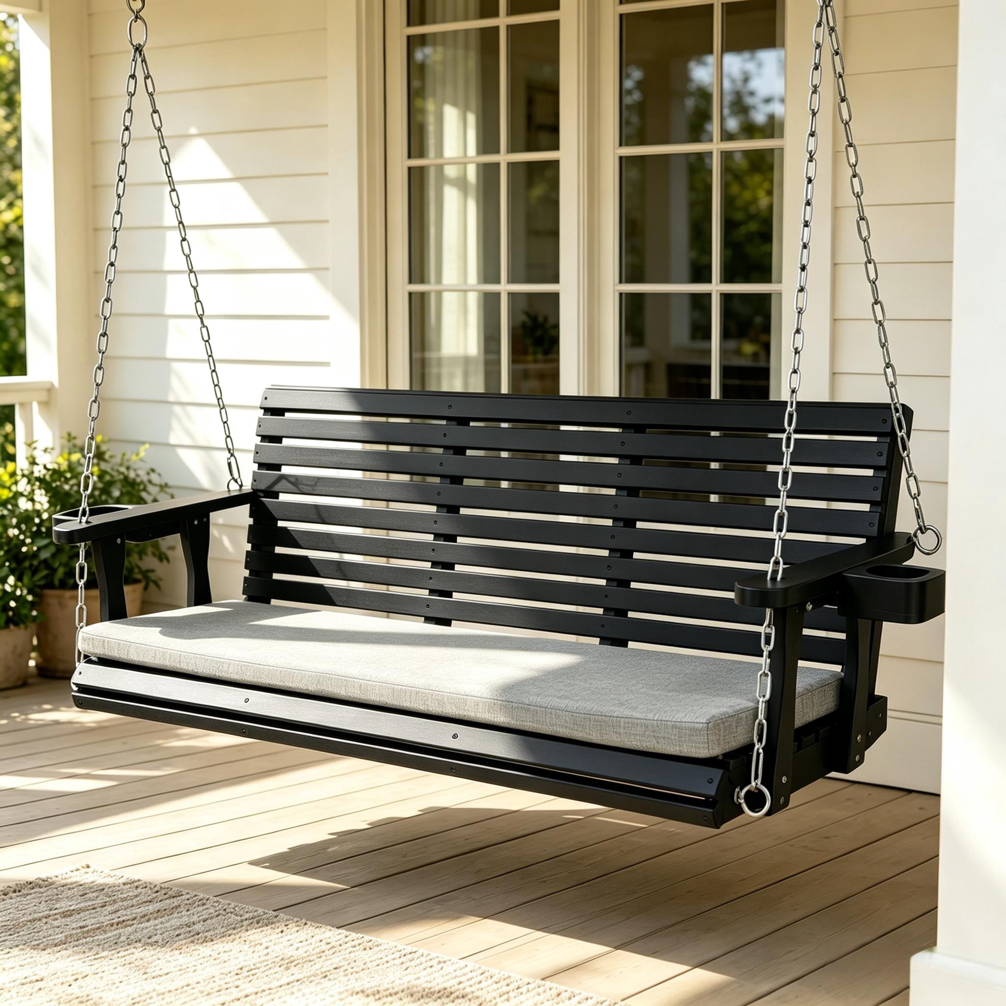 Innovaze 5.5 Ft Wooden Porch Swing with Seat Cushion, Cup Holders ...