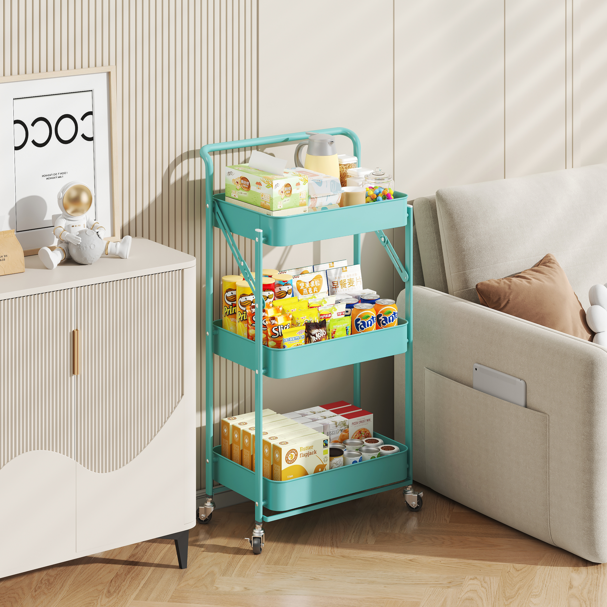 Innovaze Foldable 3 Tier Rolling Utility Cart, Rolling Metal Storage ...