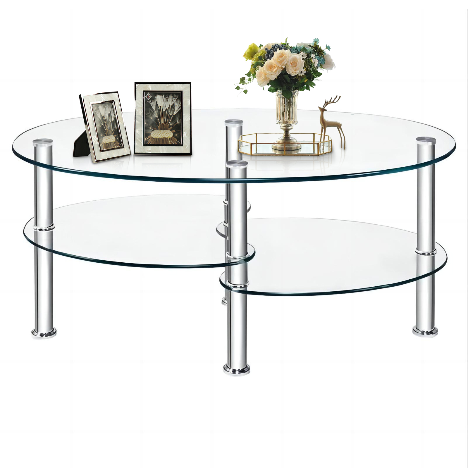 Ktaxon 35" Clear Glass Oval Side Coffee Table Shelf Chrome Base Living ...