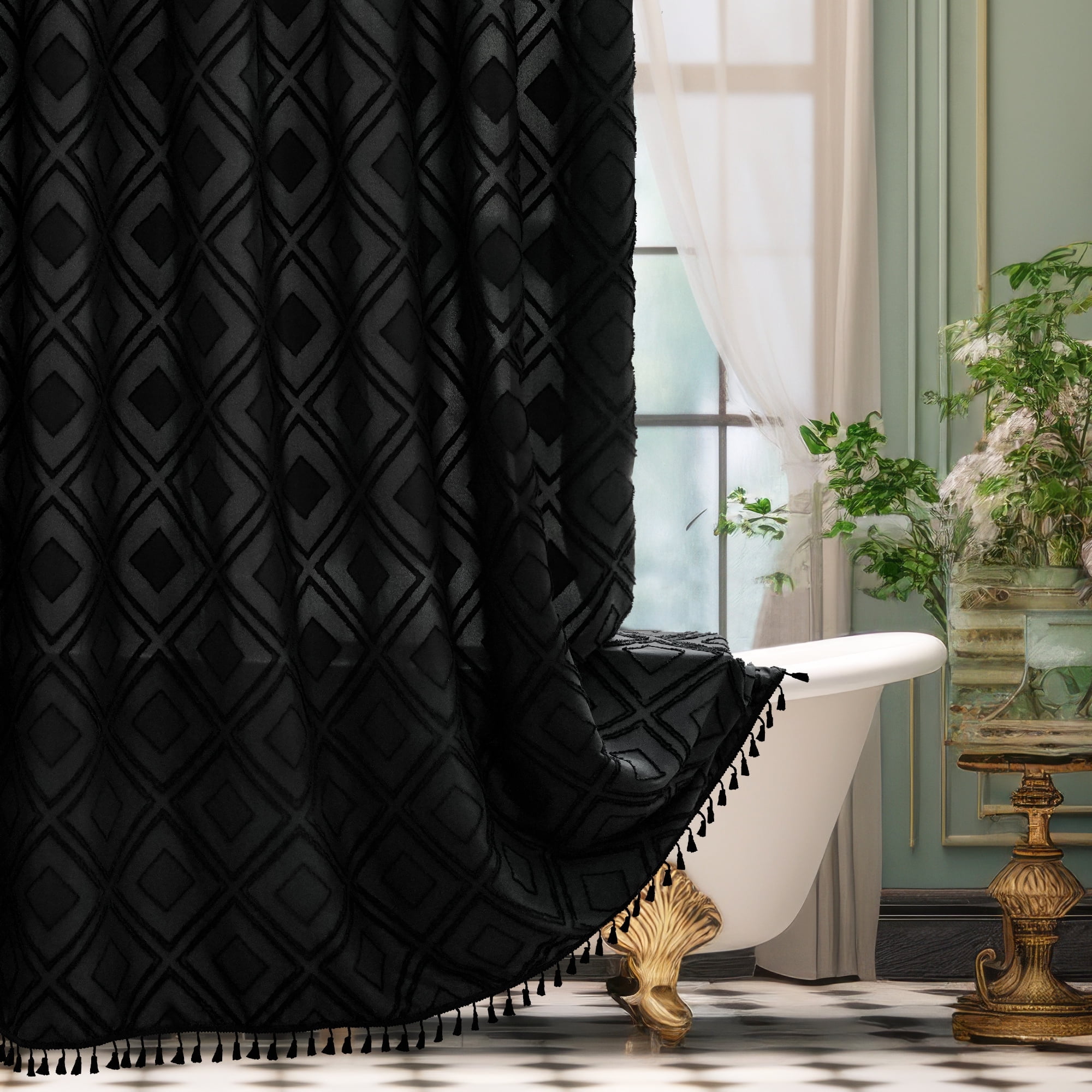 Inosoo Chic Boho Black Shower Curtain, 72x84 Inch, Water-Repellent, Tufted Texture, Tassels, Eco ...
