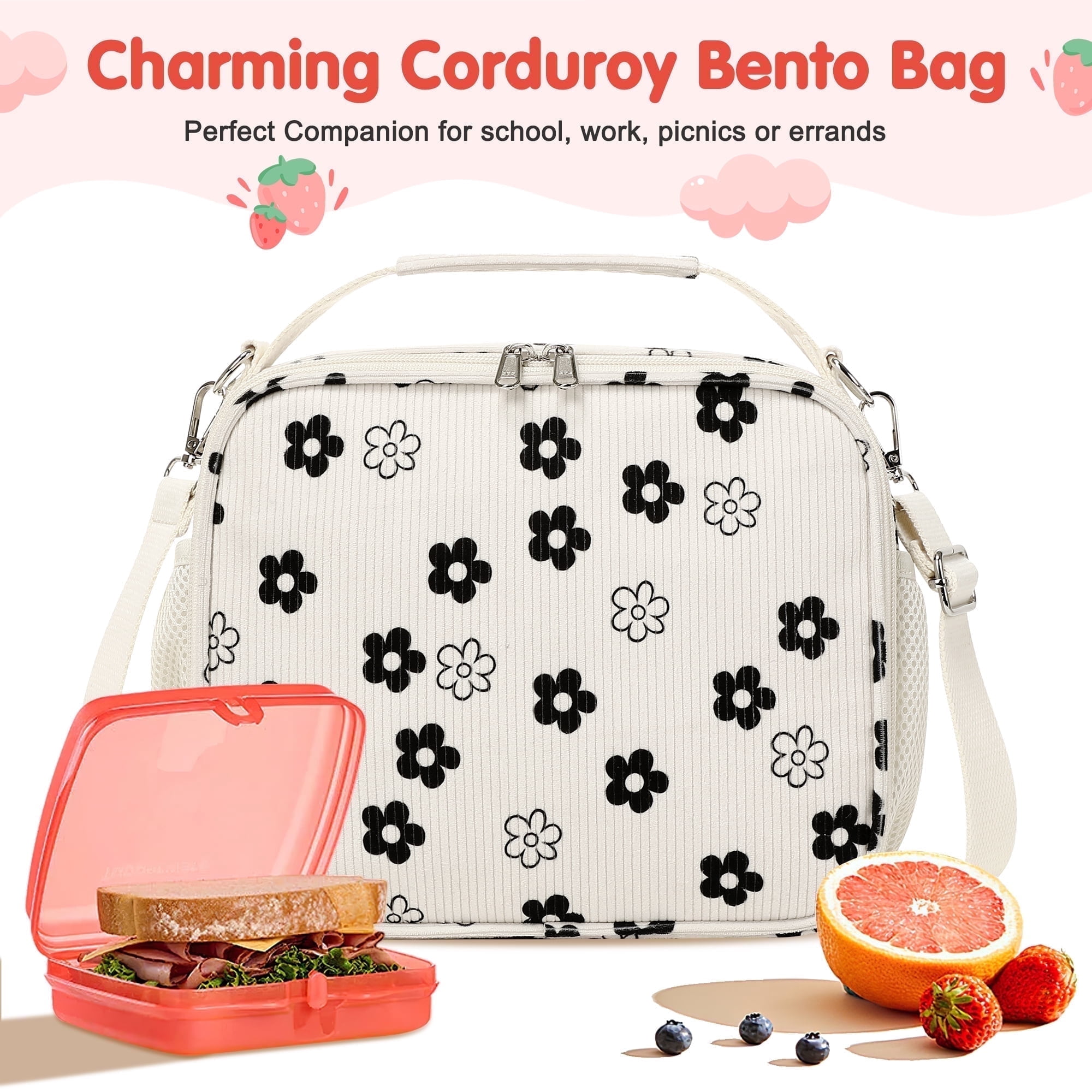 Inosoo Black & White Floral Corduroy Lunch Bag - Handheld or Shoulder ...
