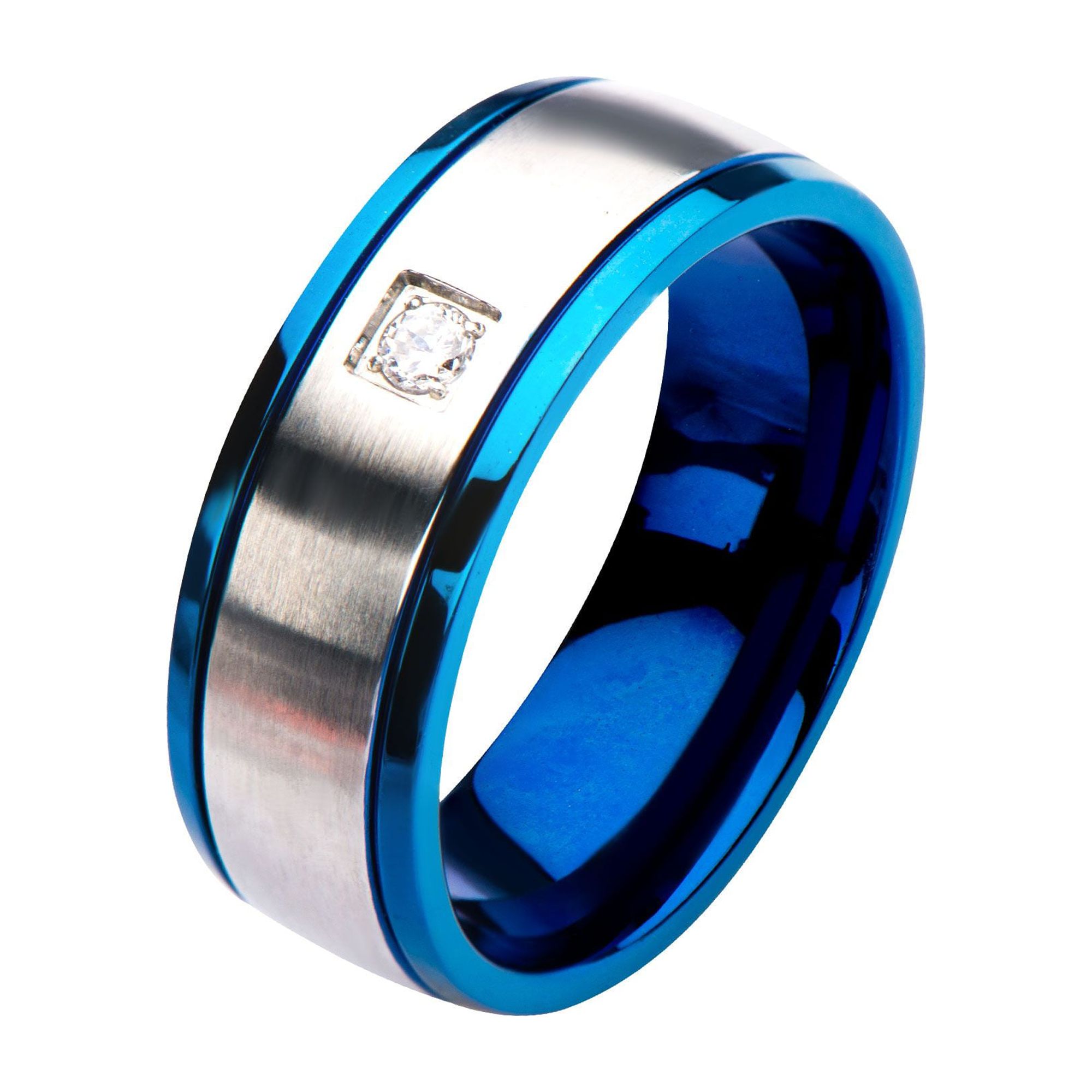 Inox Brushed Stainless Steel and Polished Blue IP Ring with Clear CZ ...