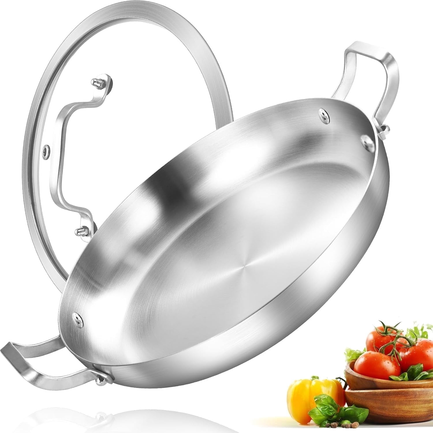 Inqibee 13 inch Tri-Ply Stainless Steel Stir-Frying Pan with Lid,Paella ...