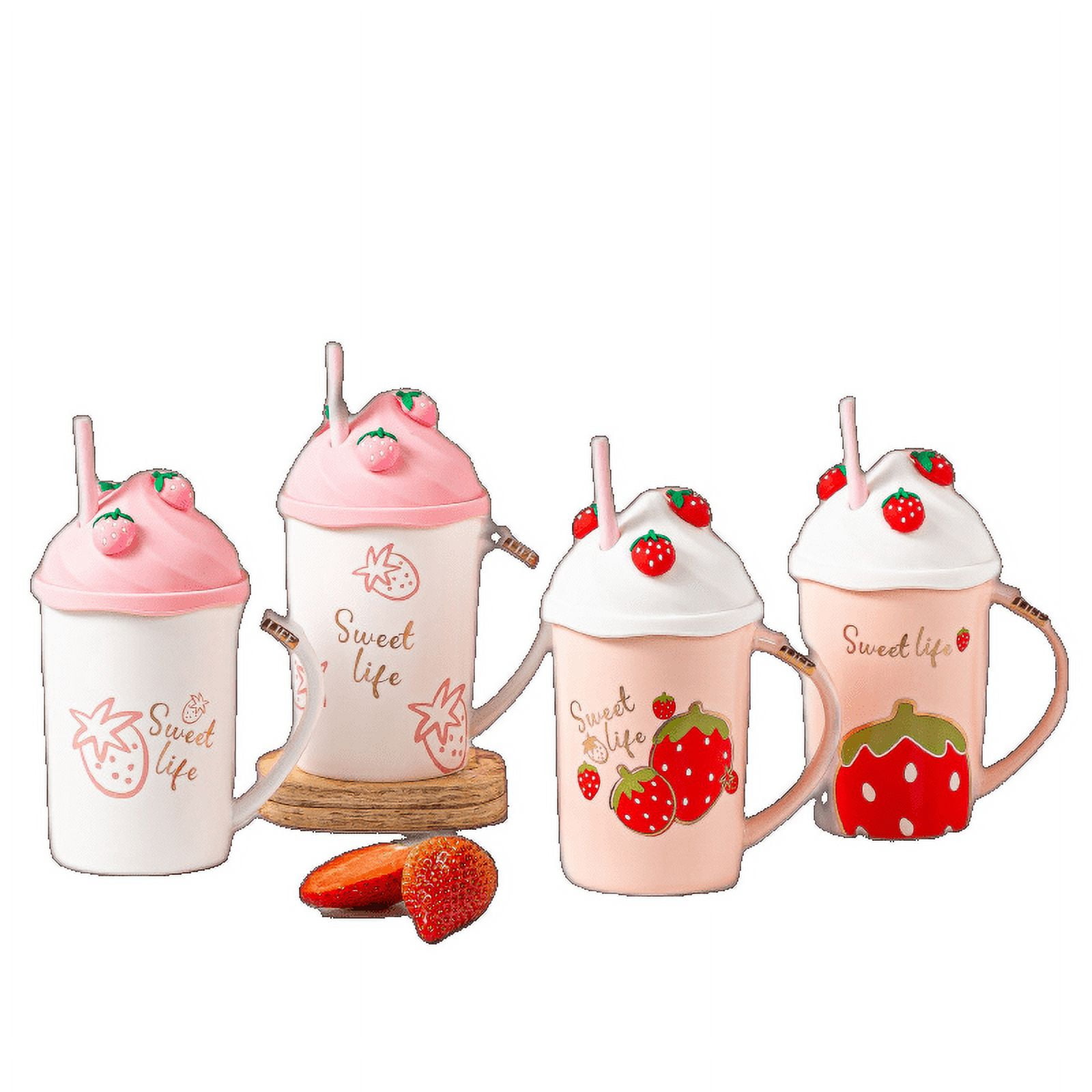 Ins Cute Creative Strawberry Mug Straw Ceramic Cup With Lid Bestie ...