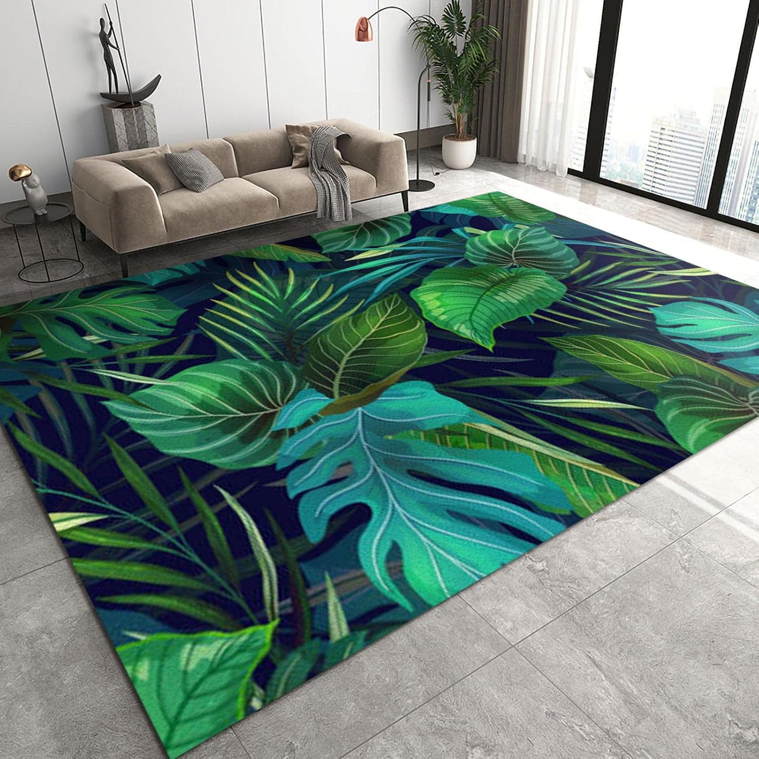 Ins Fresh Natural Area Rug, Green Tropical Leaves Room Rug, Living Room ...