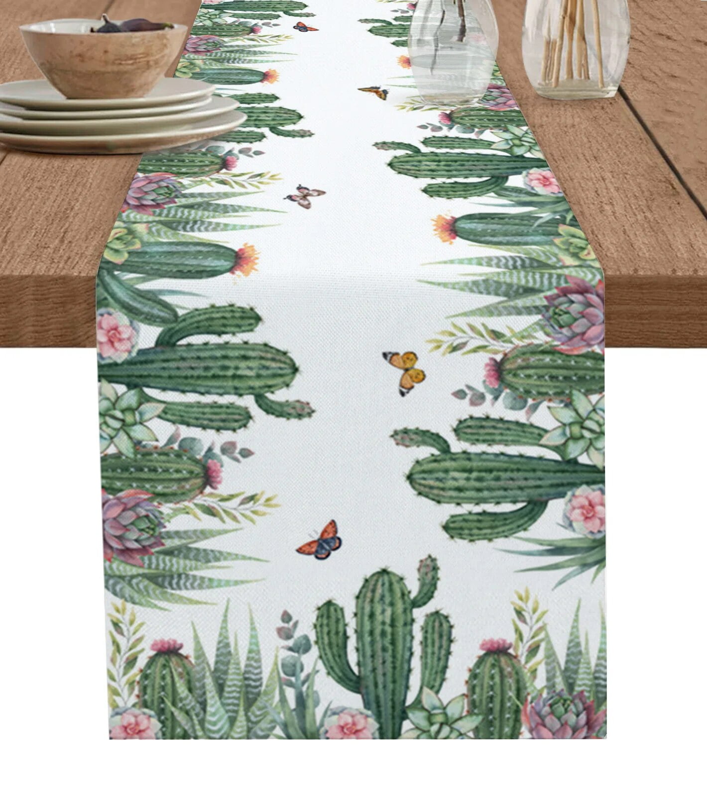 Ins Style Cactus Tropical Plants Linen Table Runner Kitchen Table ...