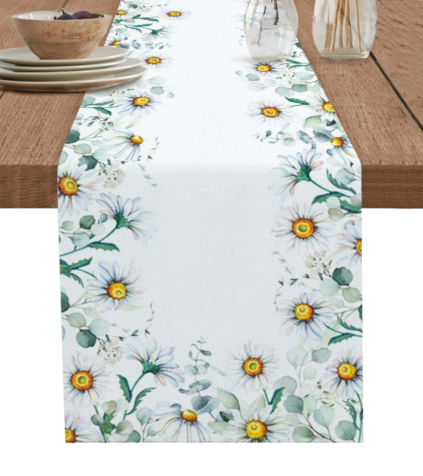 Ins Style Eucalyptus Daisy Leaves Table Runner Cotton Linen Wedding r ...