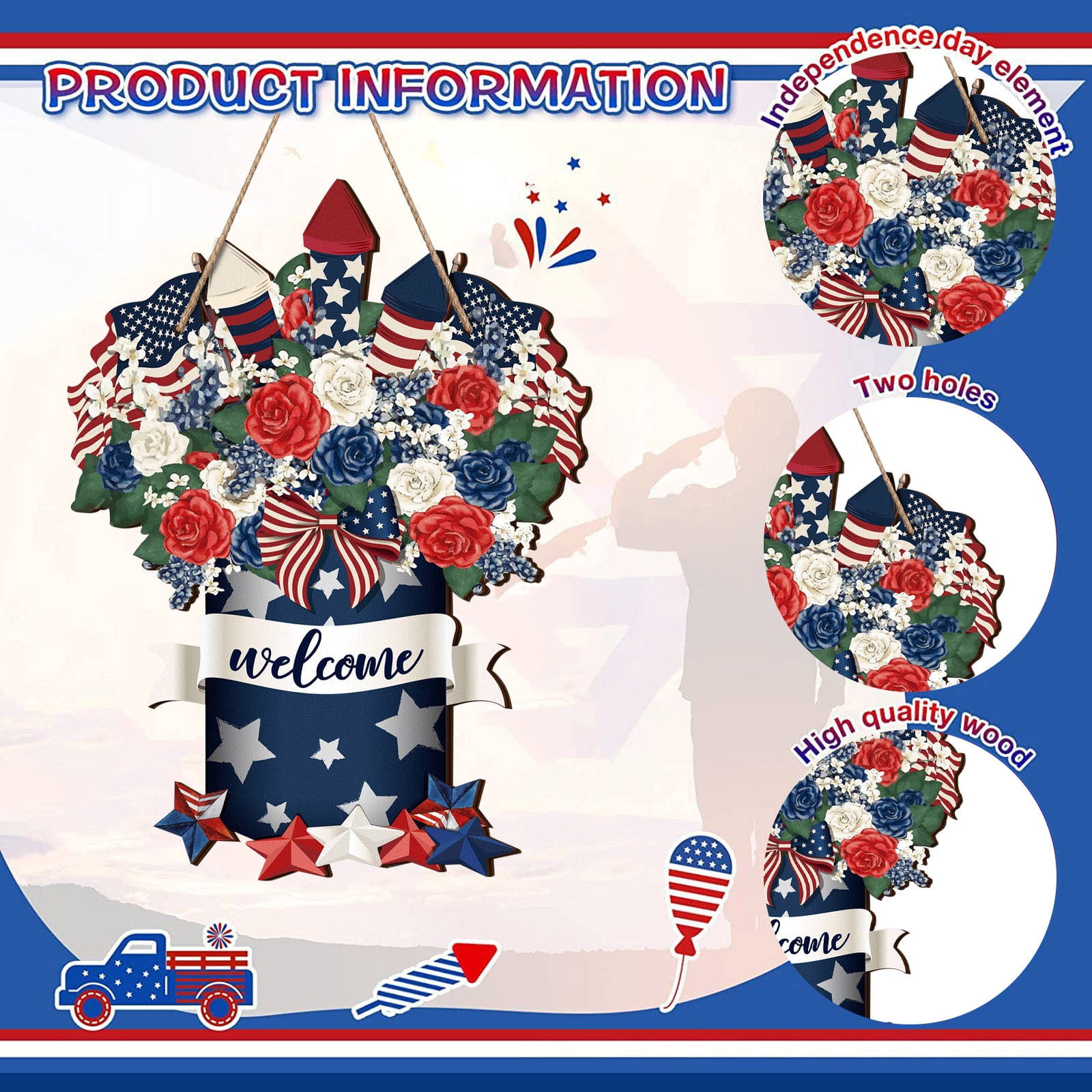 InsCrazy American Flag Independence Day Wooden Home Decoration Circular ...