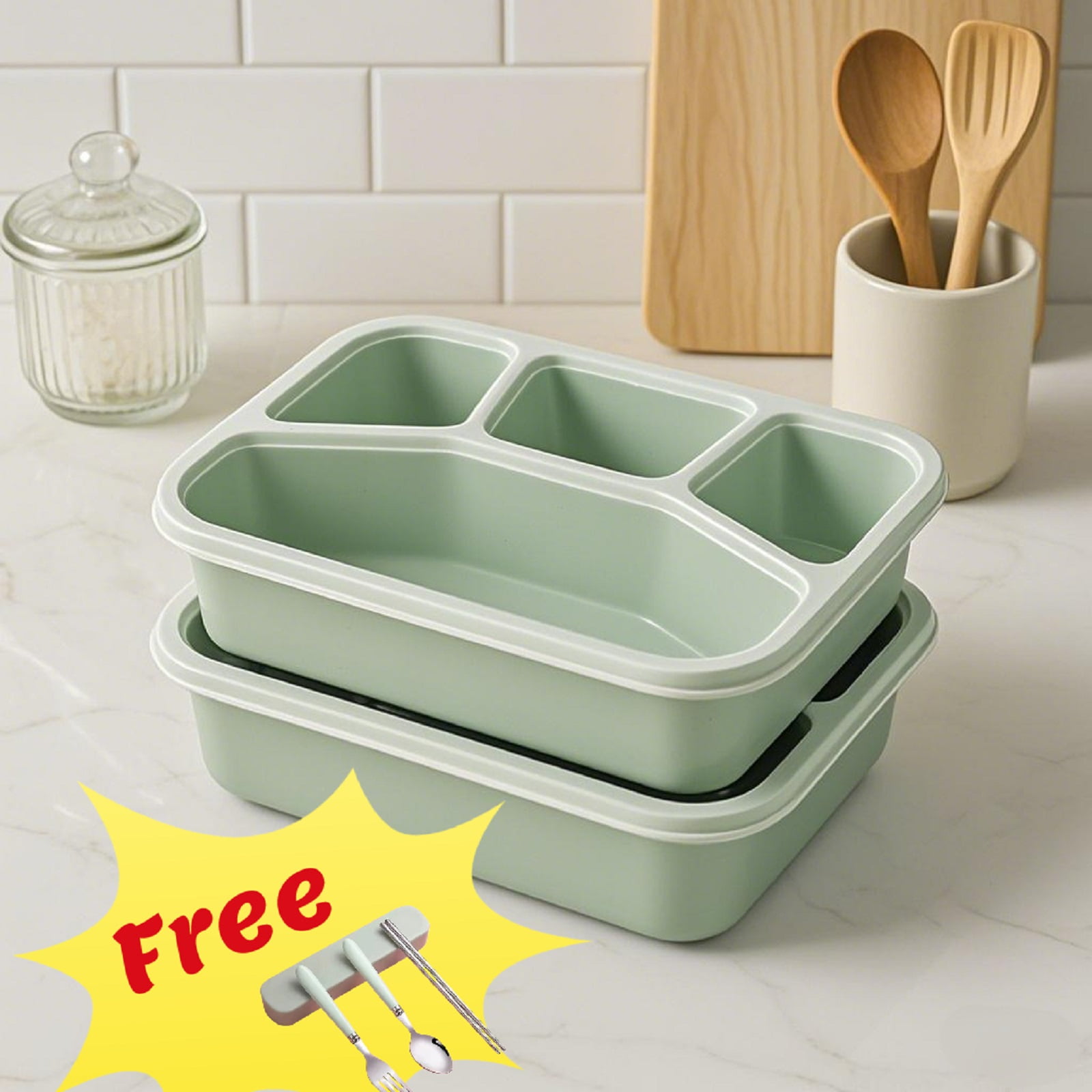 InsCrazy Bento Box Adult Lunch Box Four-compartment Snack Box 2PC ...