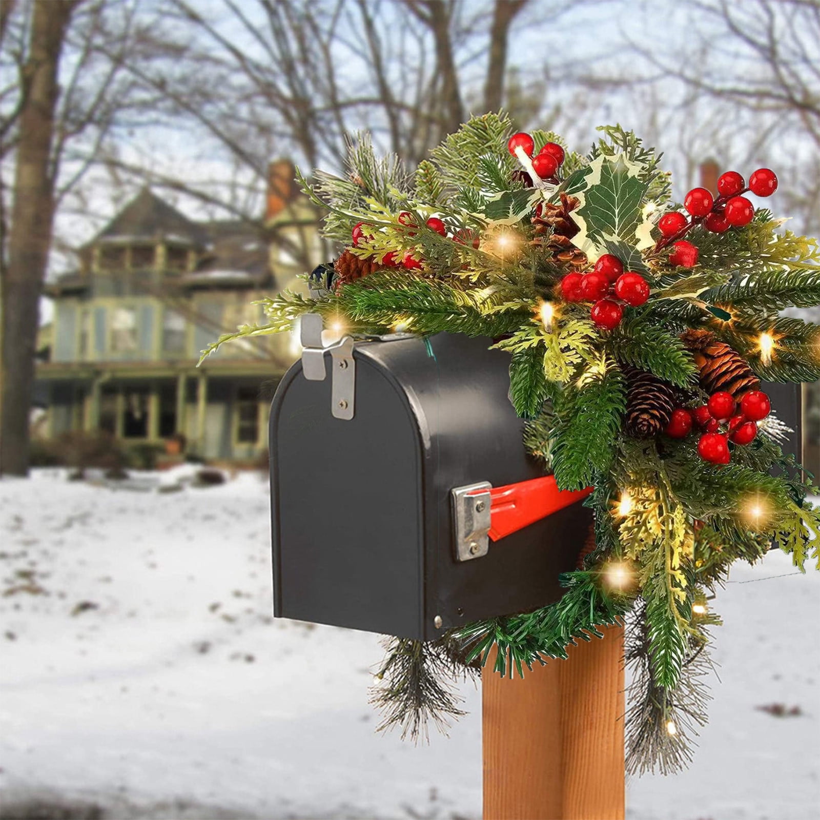InsCrazy Christmas Mailbox Wreath with Lights Artificial Christmas Mail ...