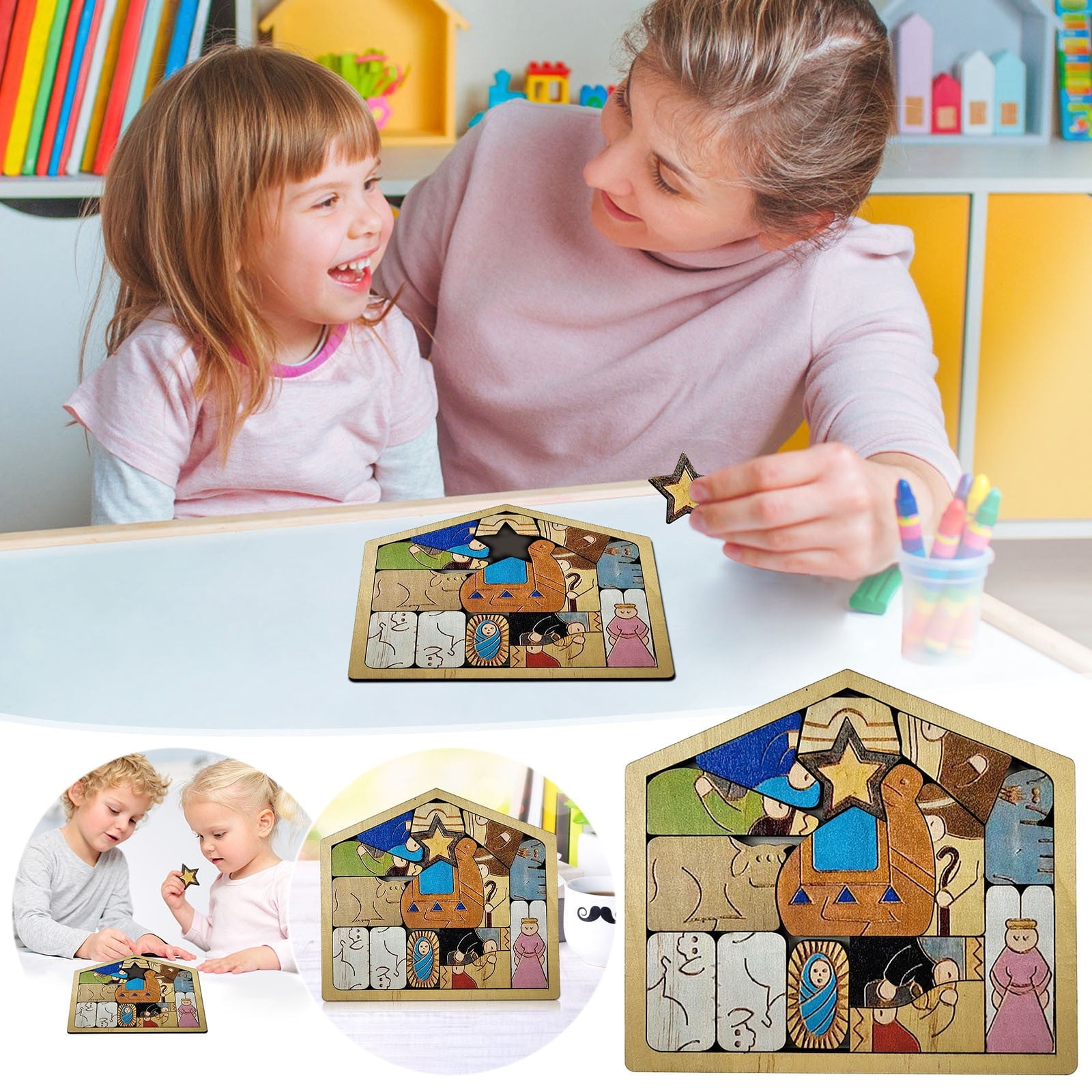 InsCrazy Puzzles Nativity Puzzle with Wood Burned Design Wooden Jesuss ...