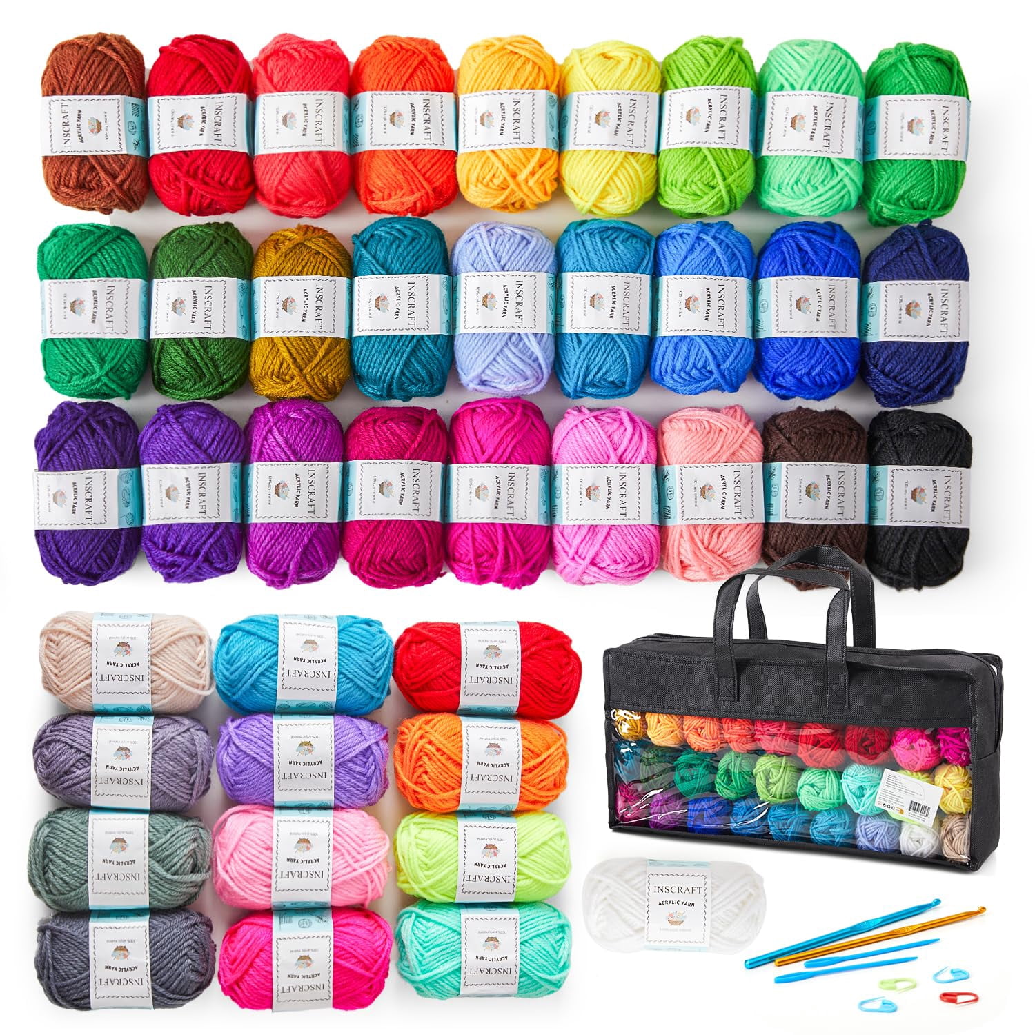 Inscraft 48 PCS Crochet Yarn Kit, 1400 Yards 40 Colors Acrylic Yarn ...