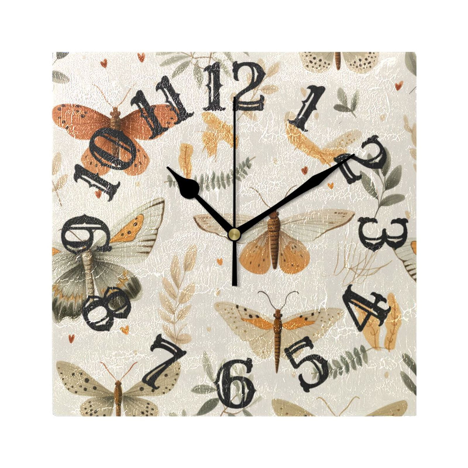 Insect Butterflies Leaves Wall Clock Square Silent Non Ticking Battery ...