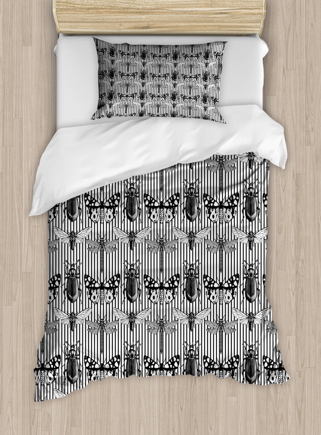 Insect Duvet Cover Set Twin Size, Modern Butterfly Dragonfly Bumblebee ...