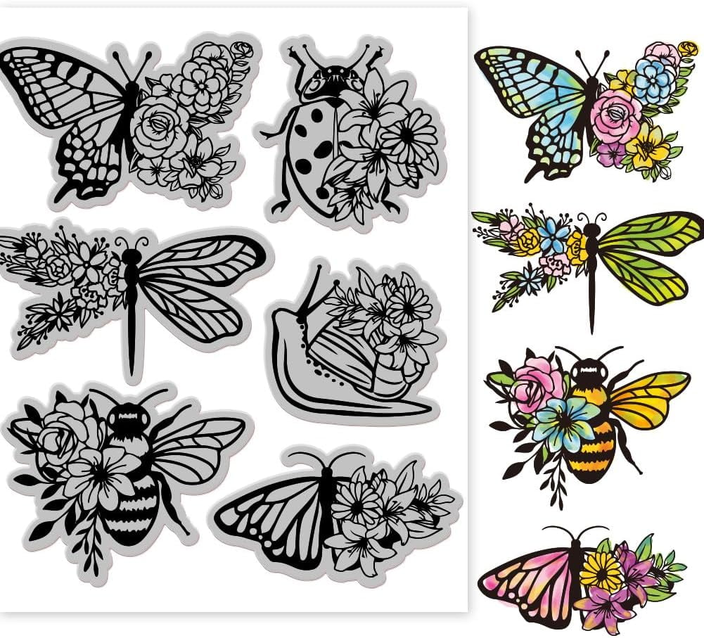 Insects Flowers Cling Rubber Stamp 7.09x8.66inch Floral Wings EVA ...