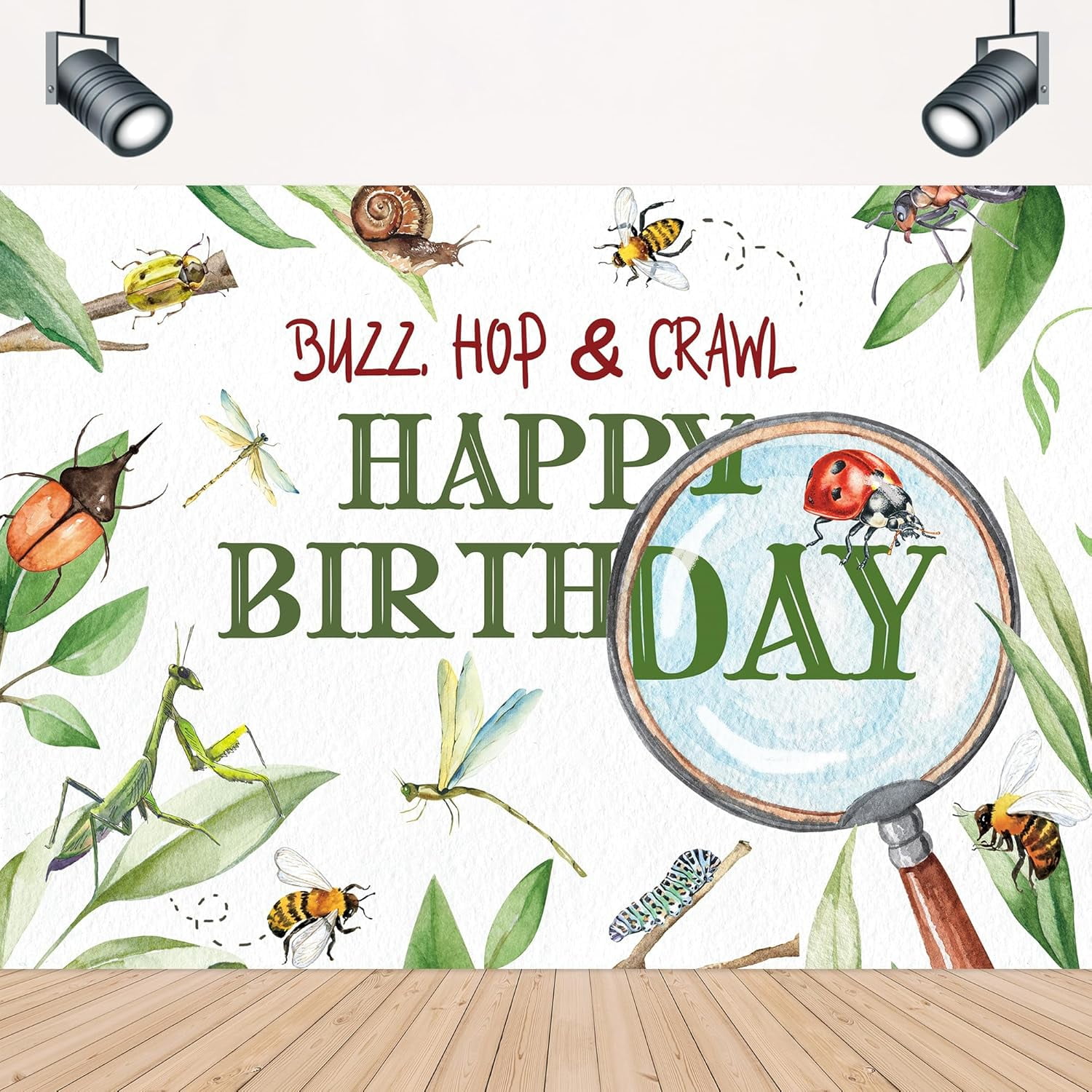 Insects Happy Birthday Backdrop Buzz Hop Crawl Cartoon Bugs Bees Snail Ladybug Kids Boys ...
