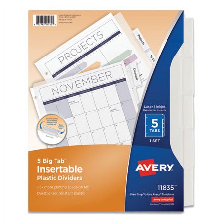 Avery 5-Tab Multicolor Plastic Dividers, Easy Print & Apply Clear Label ...