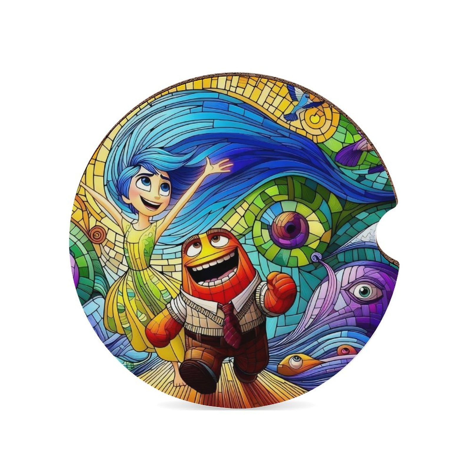 Inside Out Cartoon car coaster with finger notches and cork base car ...