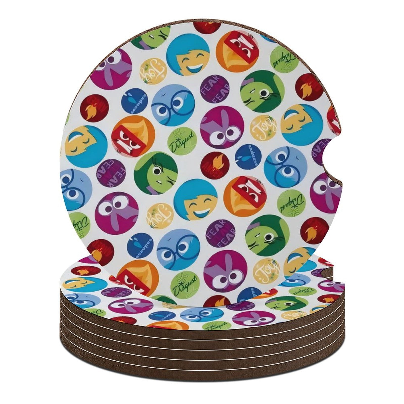 Inside Out Cartoon car coaster with finger notches and cork base car ...