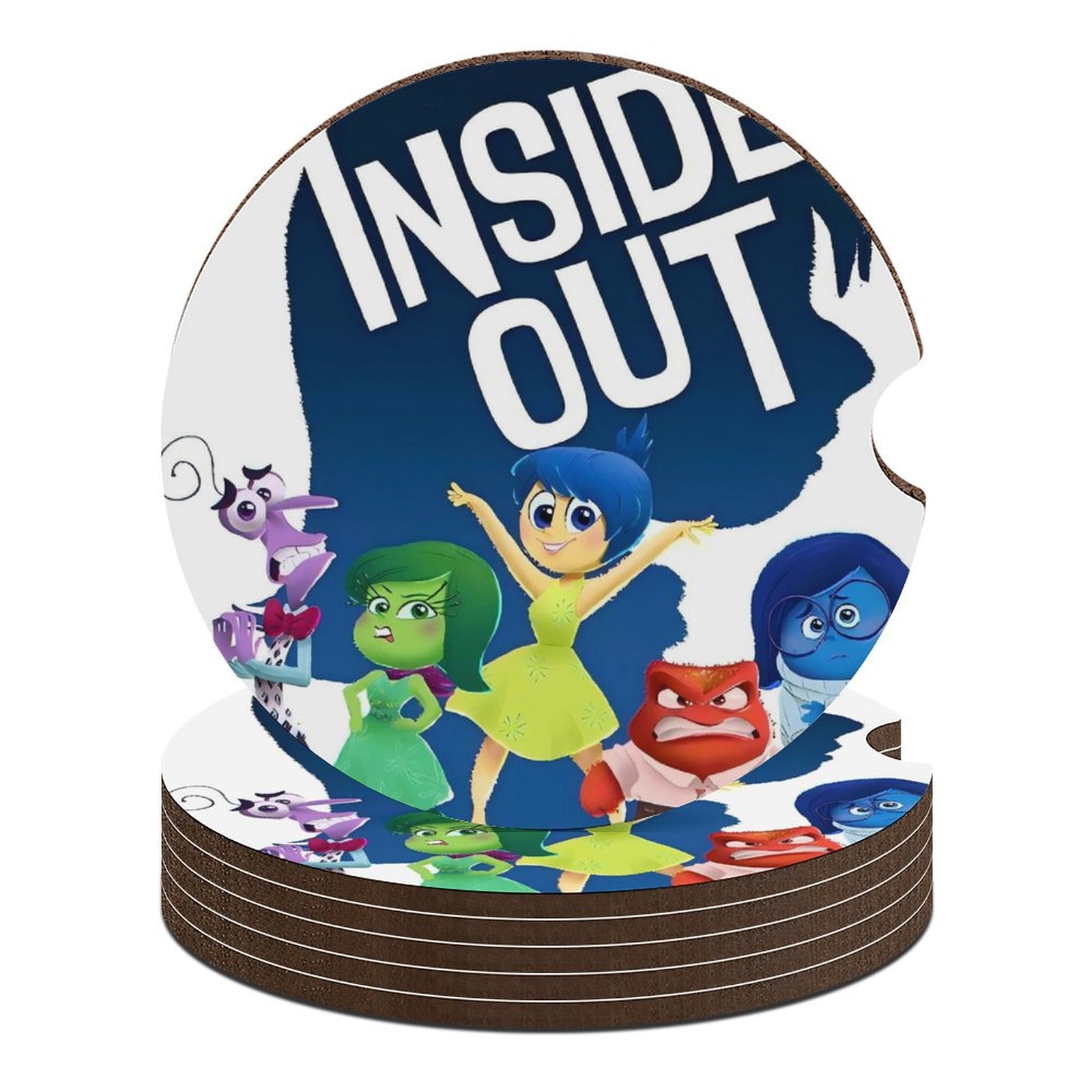 Inside Out Cartoon car coaster with finger notches and cork base car ...