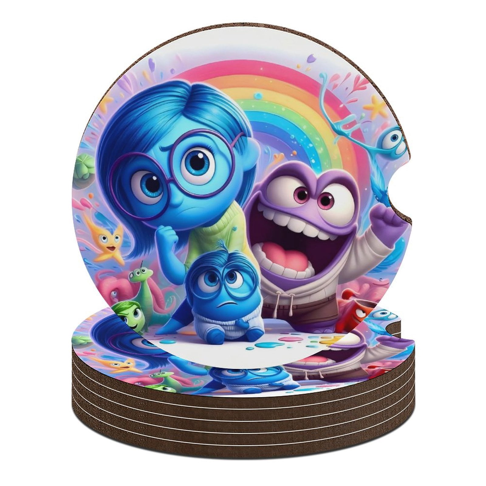 Inside Out Cartoon car coaster with finger notches and cork base car ...
