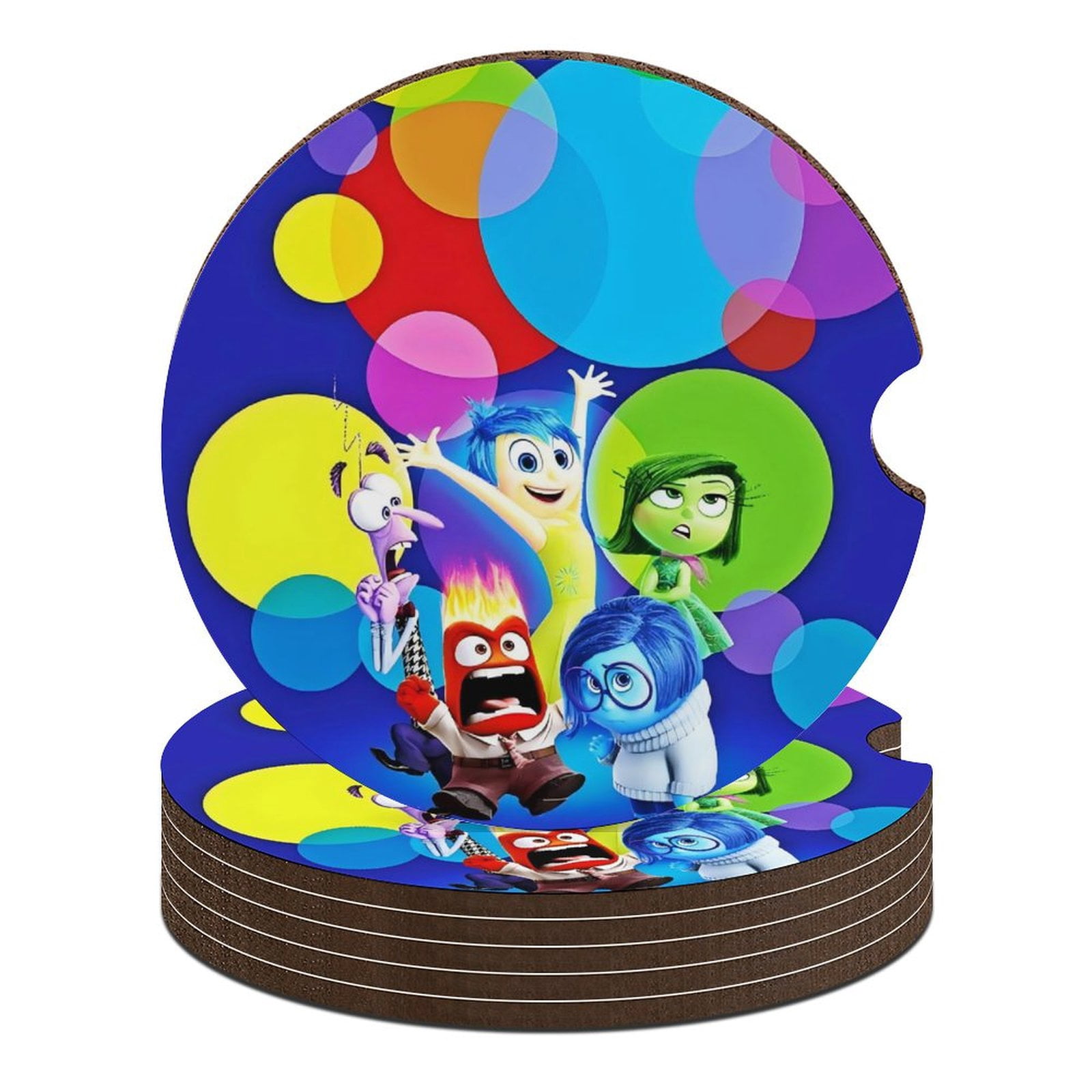 Inside Out Cartoon car coaster with finger notches and cork base car ...