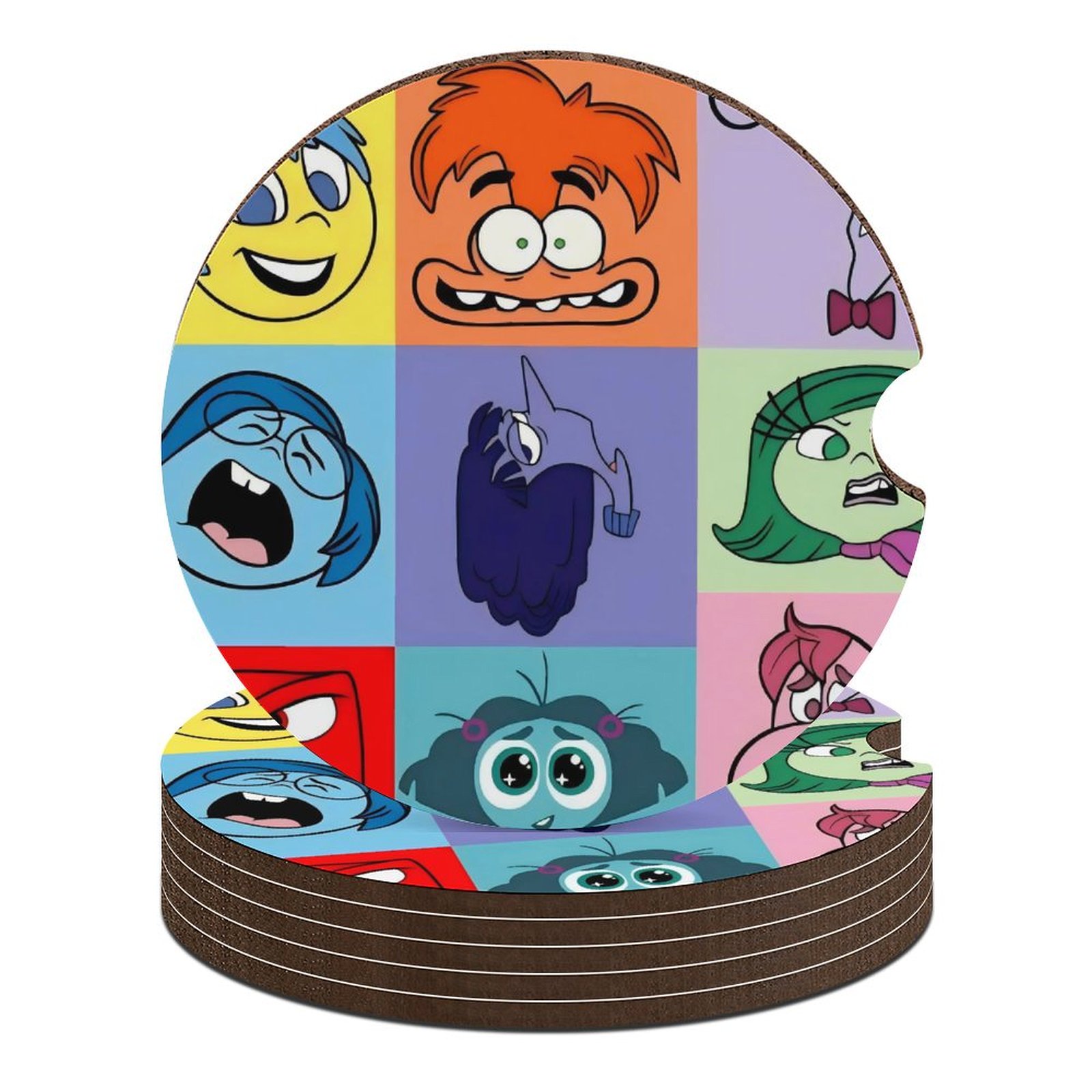 Inside Out Cartoon car coaster with finger notches and cork base car ...
