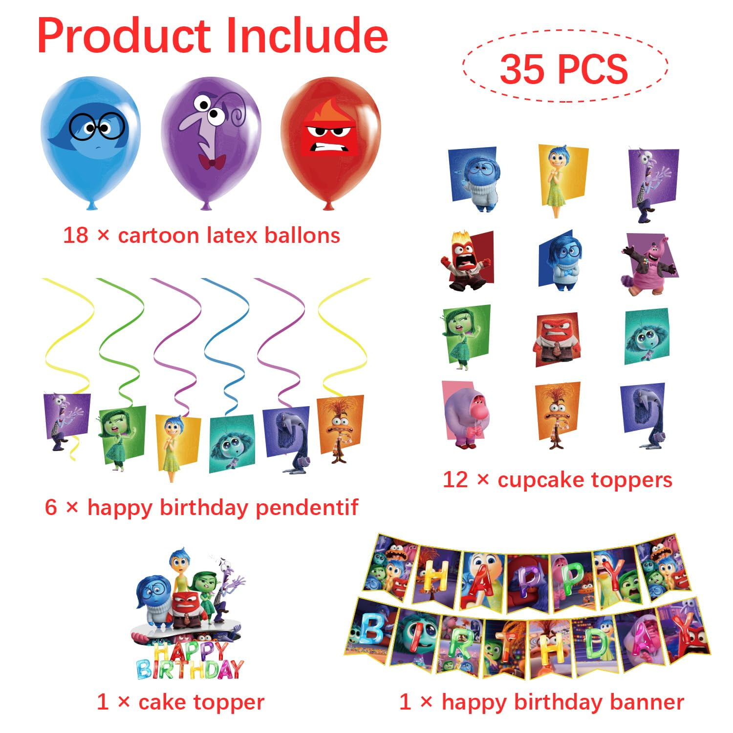 Inside out Birthday AJH3 Party Supplies, Happy Birthday Banner-Cake ...
