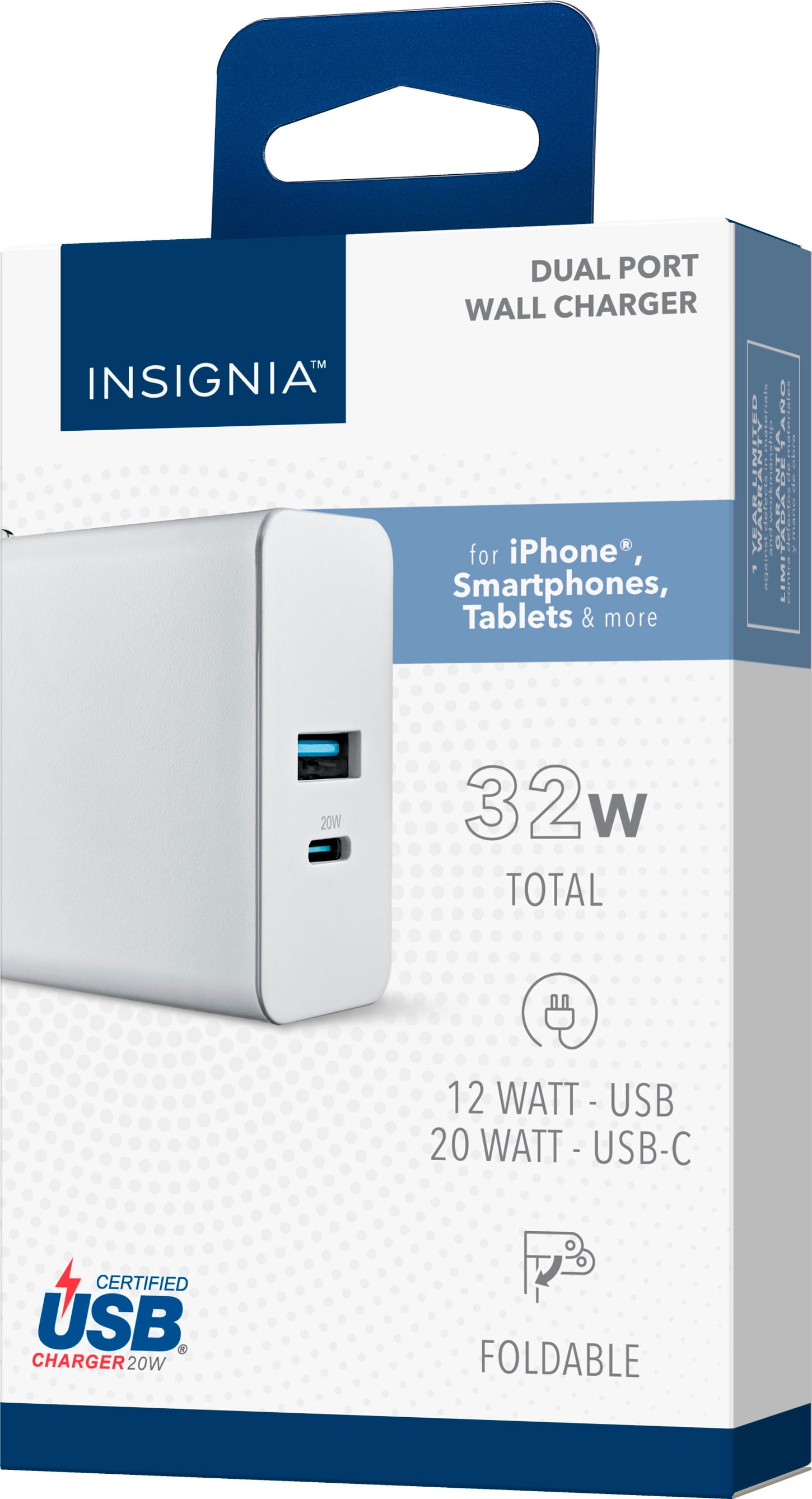 Insignia 32W Foldable Dual Ports Wall Fast Charger with USB-A and USB-C ...