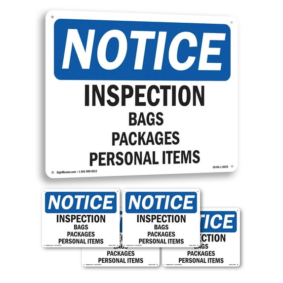 Inspection Bags Packages Personal Items OSHA Notice Rigid Plastic Sign ...