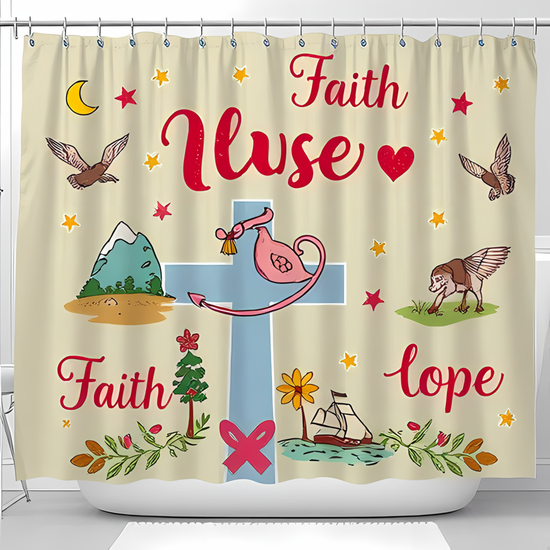 Inspirational Beige Shower Curtain with Blue Cross Faith & Hope in Red ...