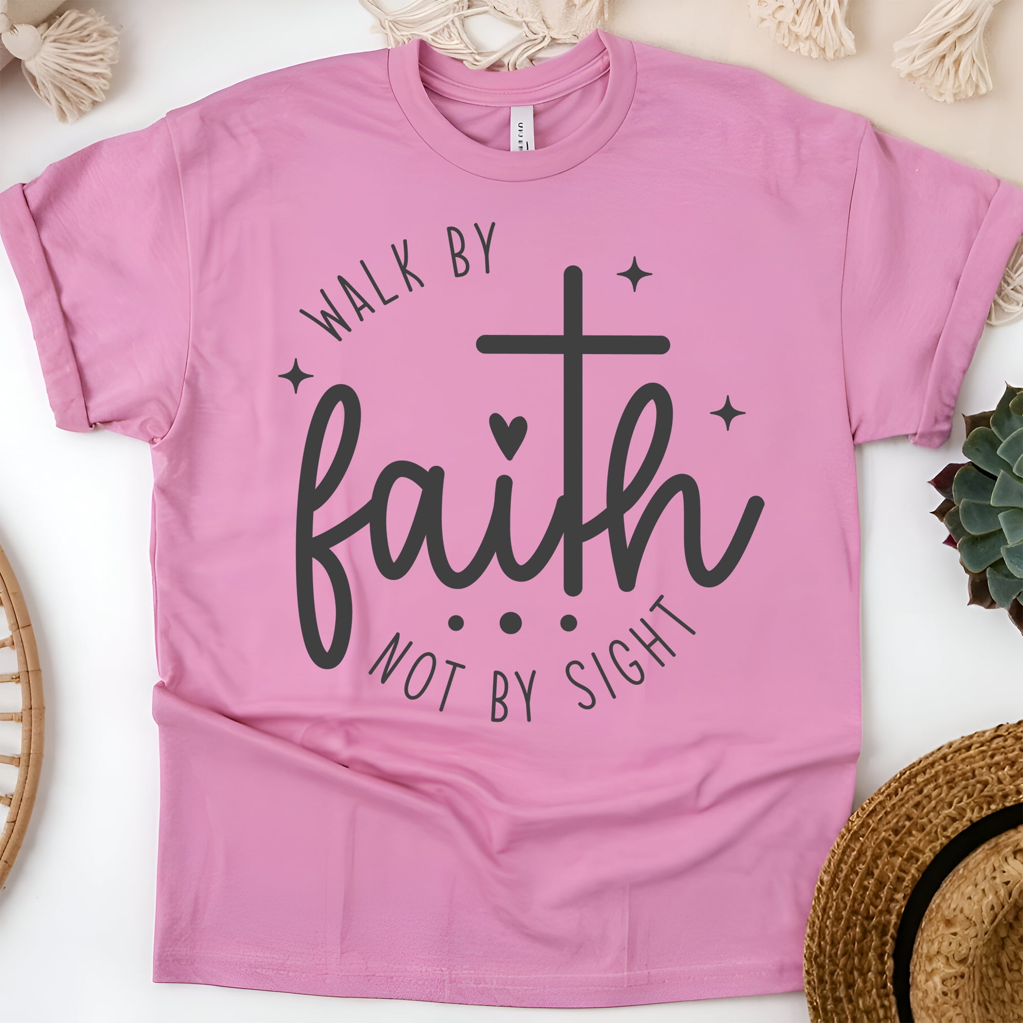 Inspirational Bible Verse Tee with Cross and Faith Lettering, Azalea ...