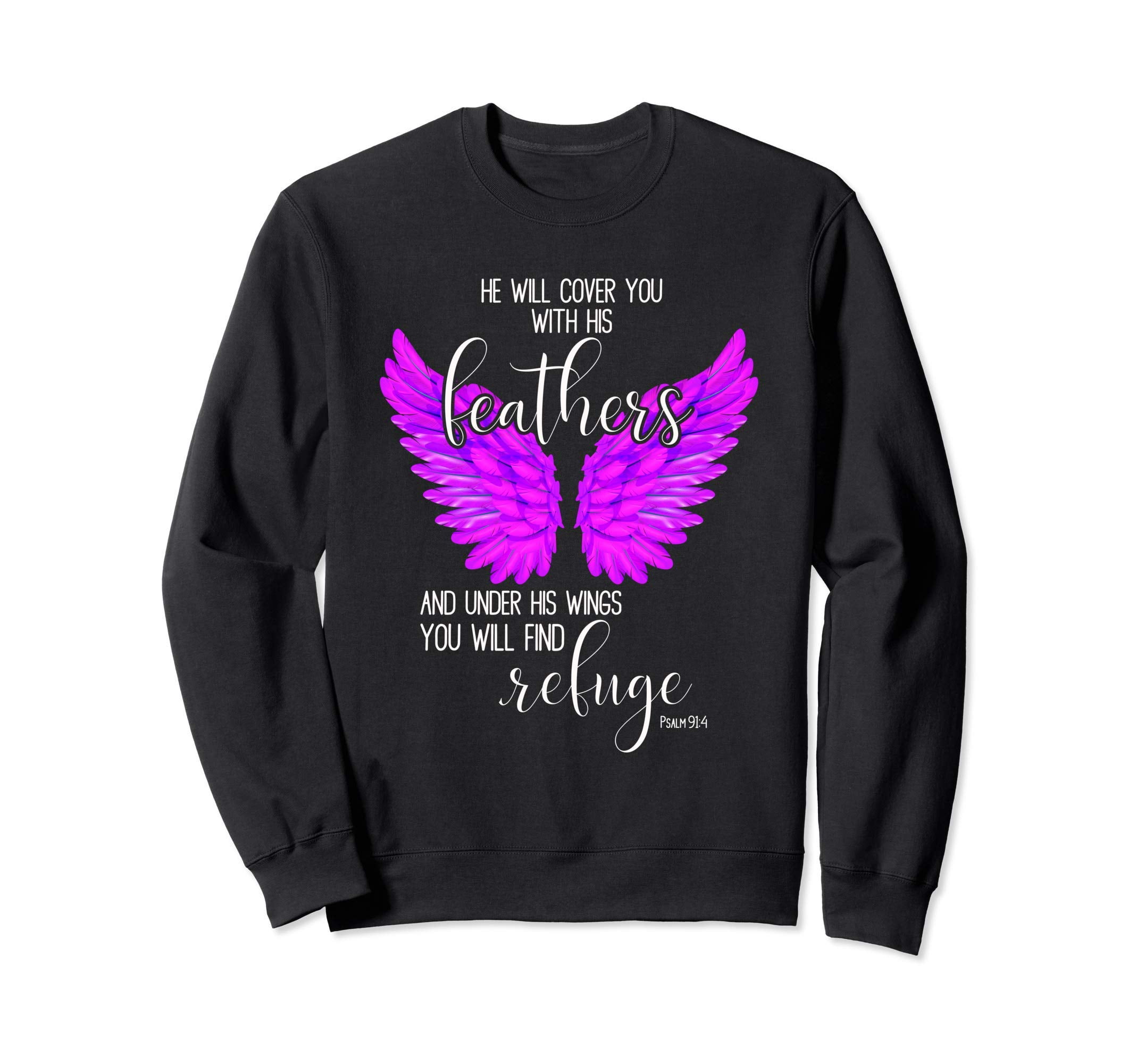 Inspirational Black Sweatshirt with Purple Angel Wings and Psalm 91:4 ...