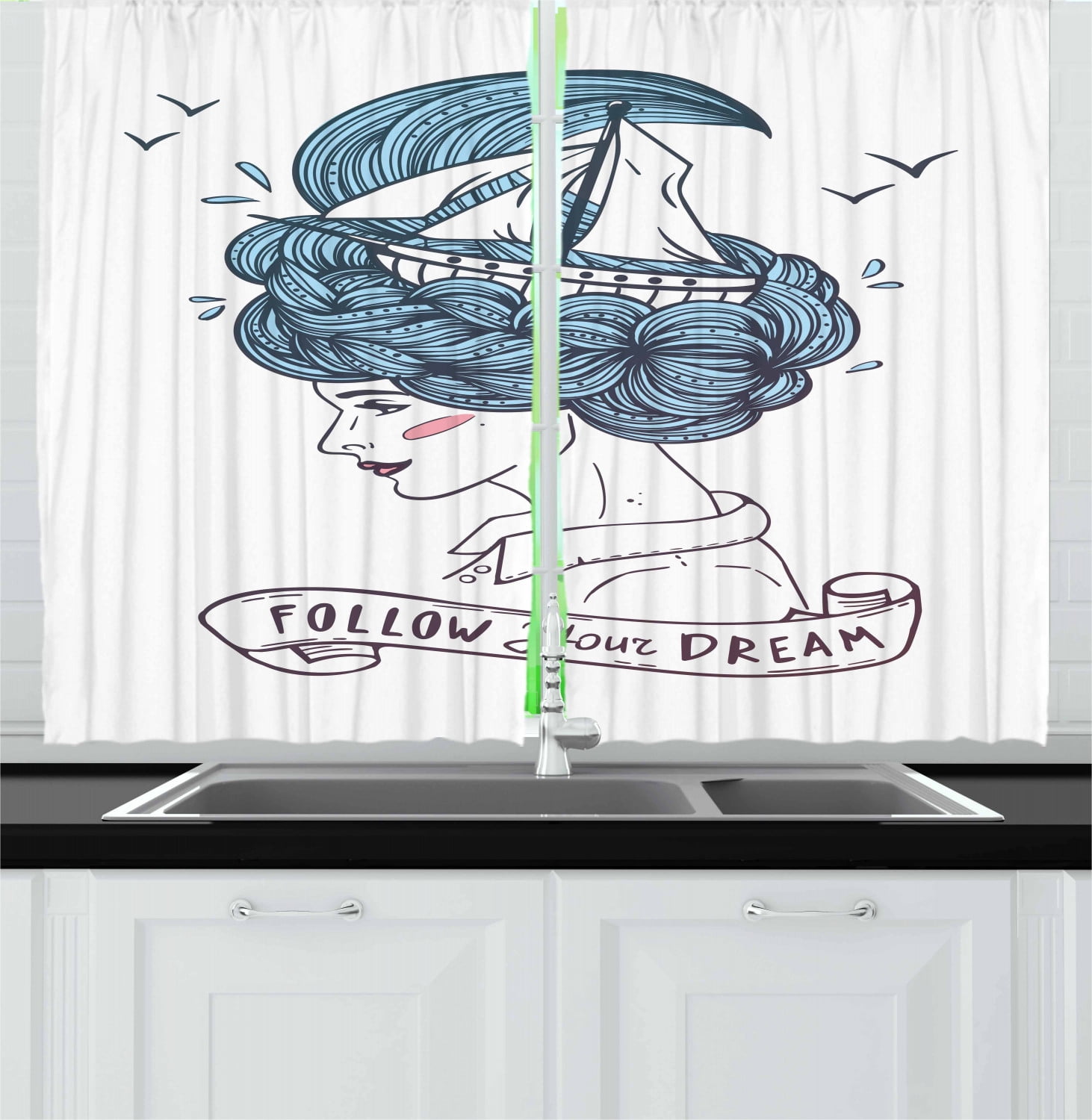 Inspirational Curtains 2 Panels Set, Girl Portrait with Pale Blue Hair ...