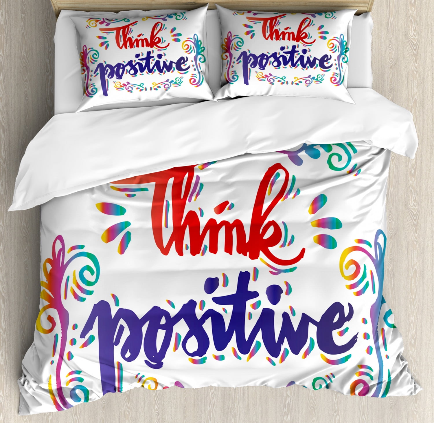 Inspirational Duvet Cover Set Queen Size, Think Positive Stylized ...